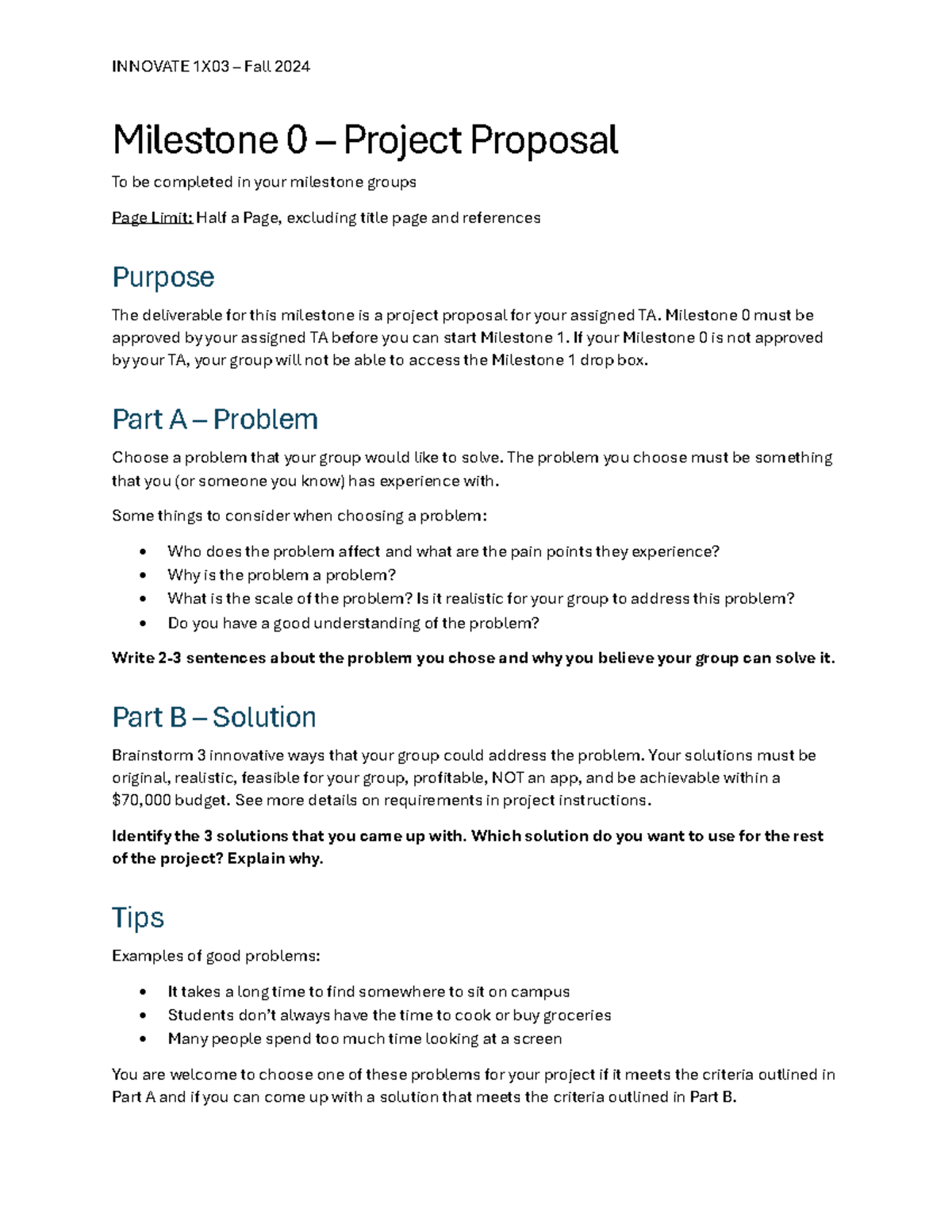 Milestone 0 - Fall 2024 - INNOVATE 1X03 – Fall 2024 Milestone 0 ...