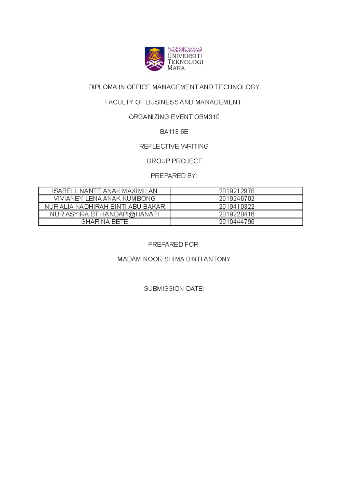 OBM310 Reflective Writing - DIPLOMA IN OFFICE MANAGEMENT AND TECHNOLOGY ...
