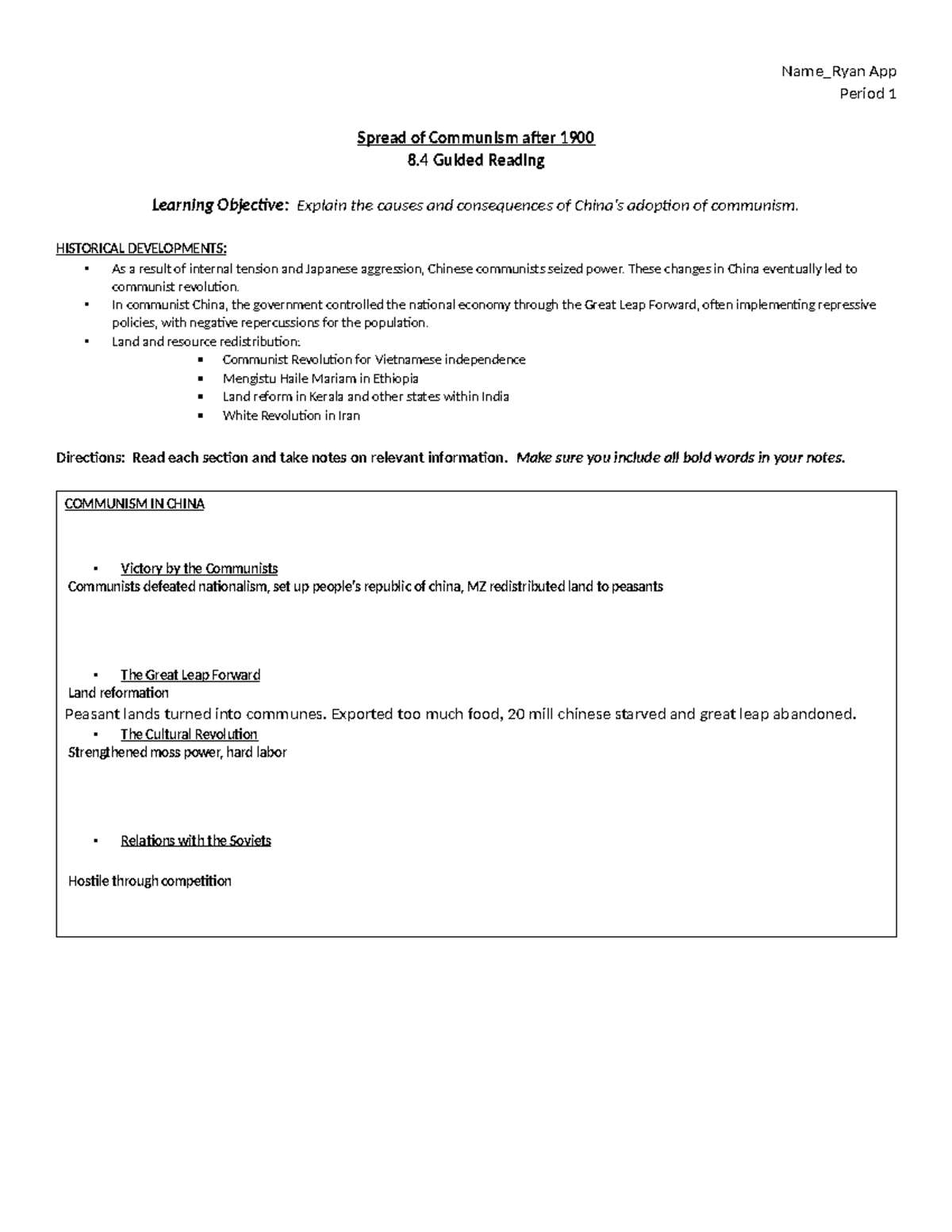 8 - Notes - Name_Ryan App Period 1 Spread of Communism after 1900 8 ...