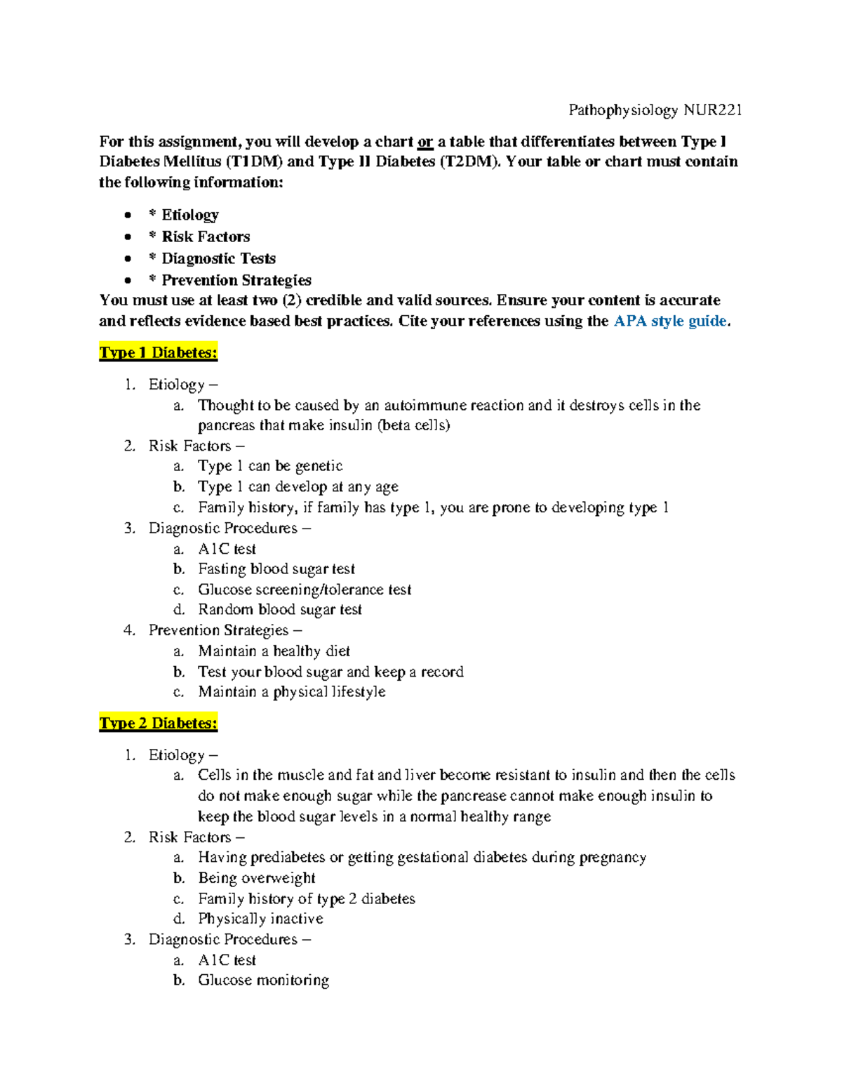 DM Type 1vs2 Patho - Unit assignment - Pathophysiology NUR For this ...