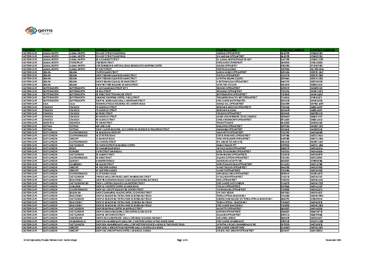 GEMS Optometry Network Providers - Eastern Cape - PROVINCE TOWN SUBURB ...