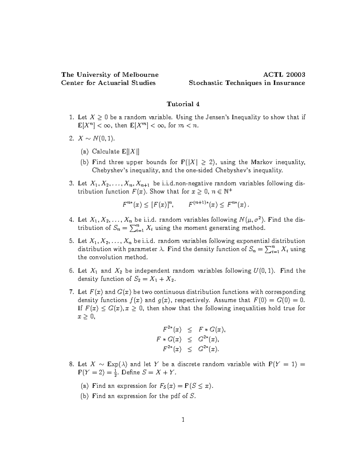 Tute 4 - Tute sheet Qs - The University of Melbourne ACTL 20003 Center ...