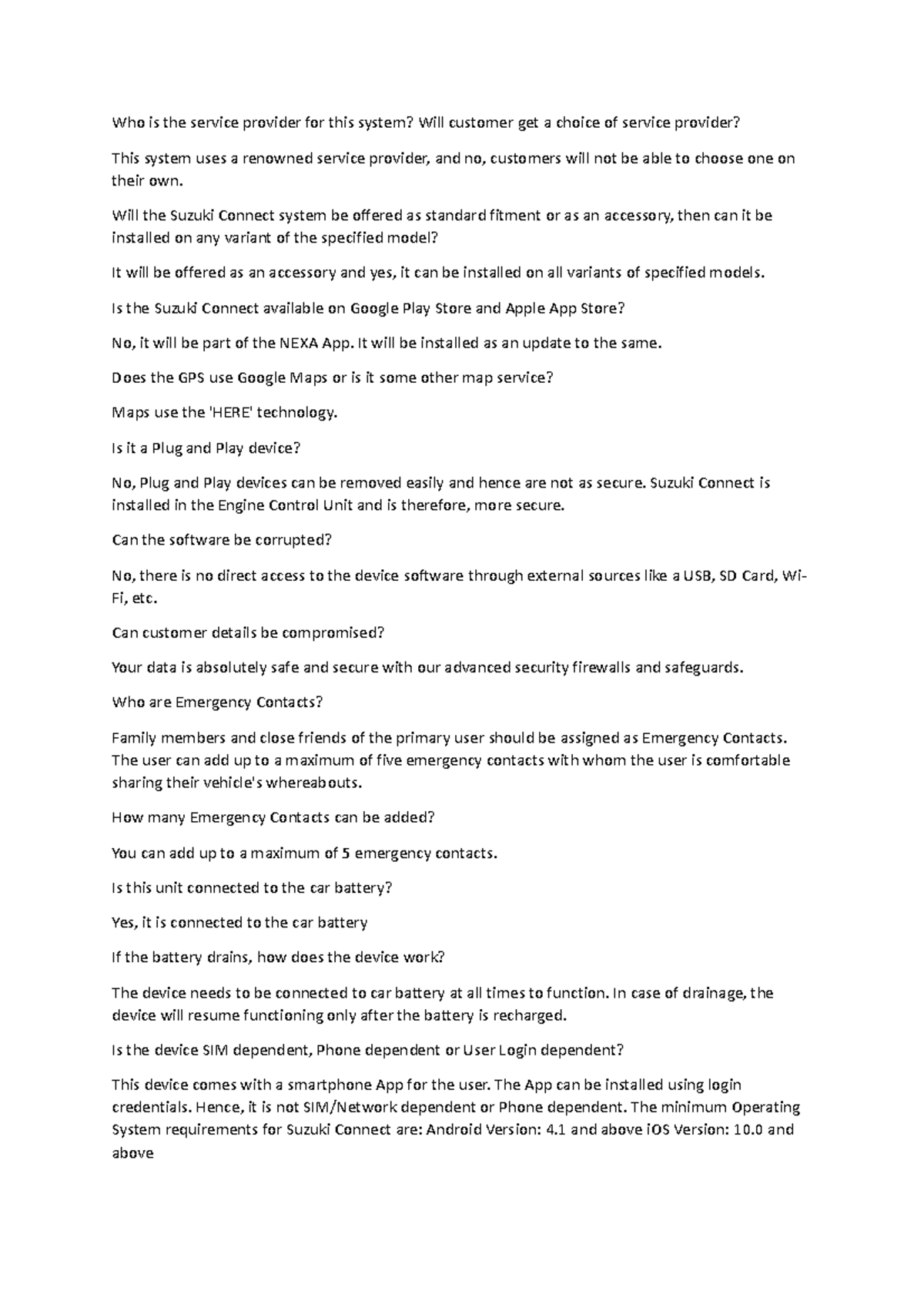 Suzuki Connect FAQs - Who is the service provider for this system? Will ...