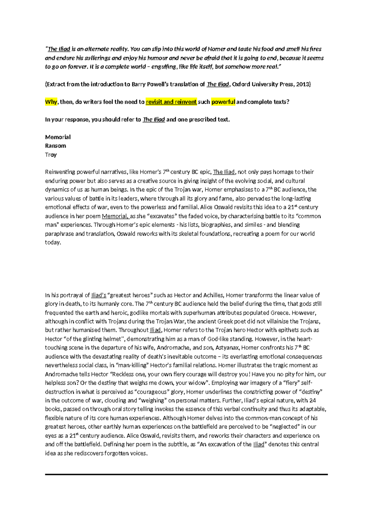 The Iliad - eng ext 1 practice essay question - “The Iliad is an ...