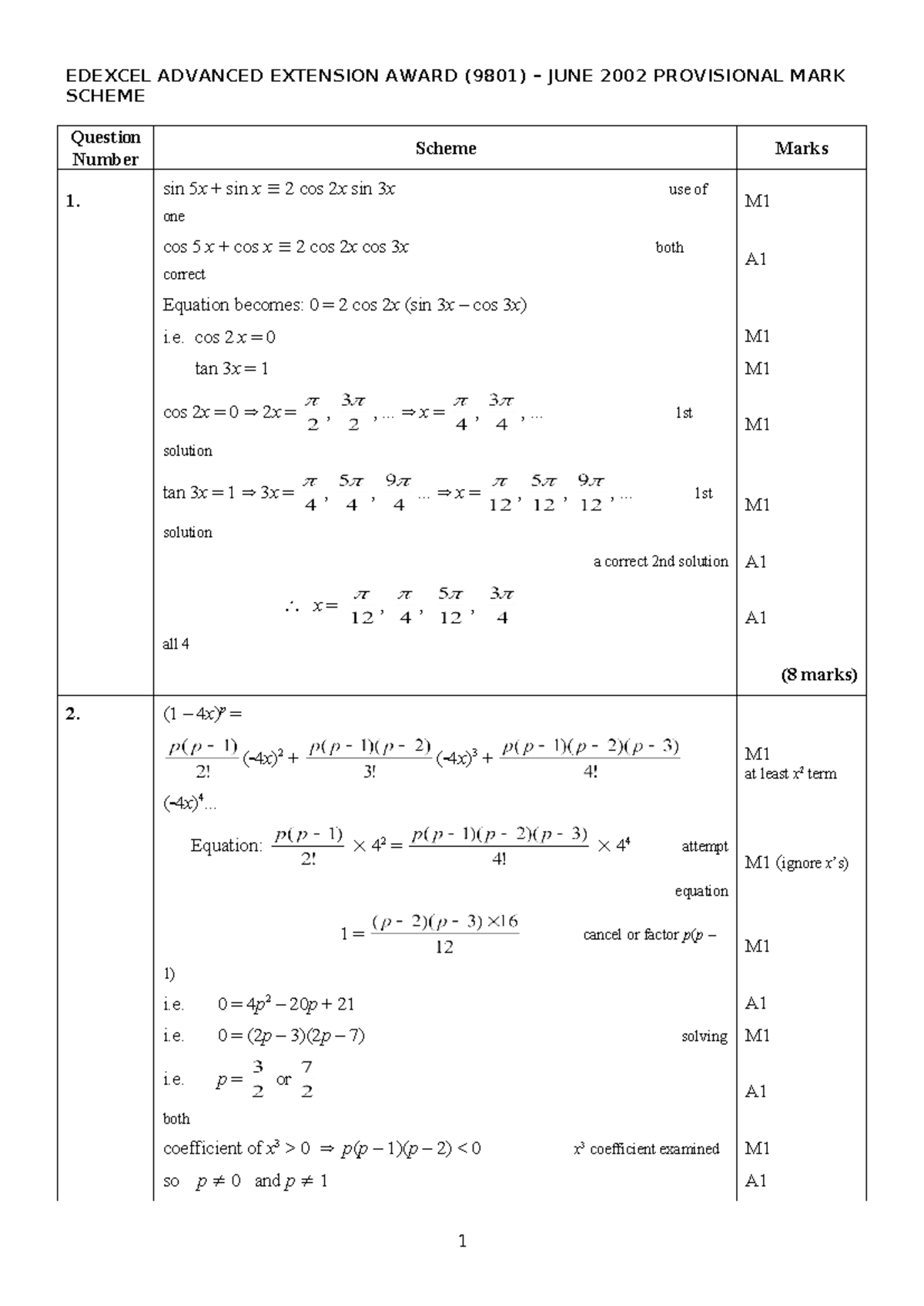 320265 AEA Mathematics Mark Scheme June 2002 - SCHEME Question Number ...