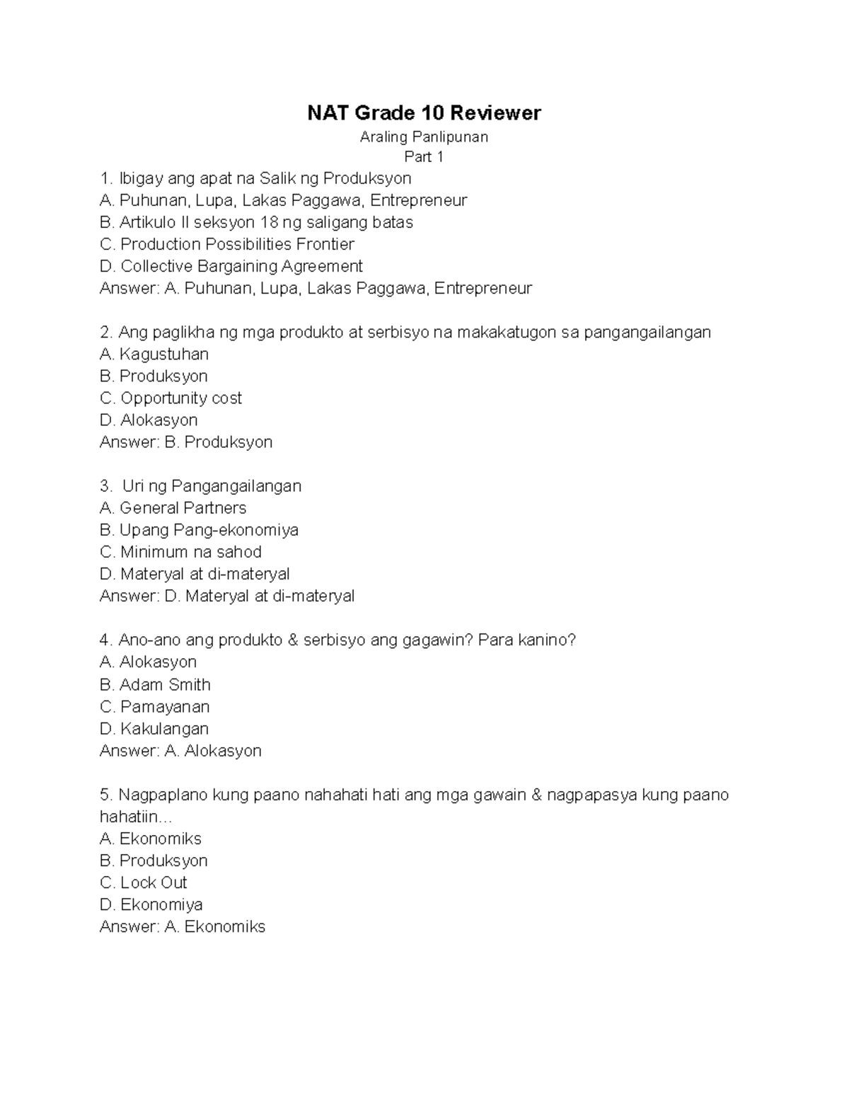 NAT Grade 10 Reviewer (Araling Panlipunan) Part 1 - NAT Grade 10 ...