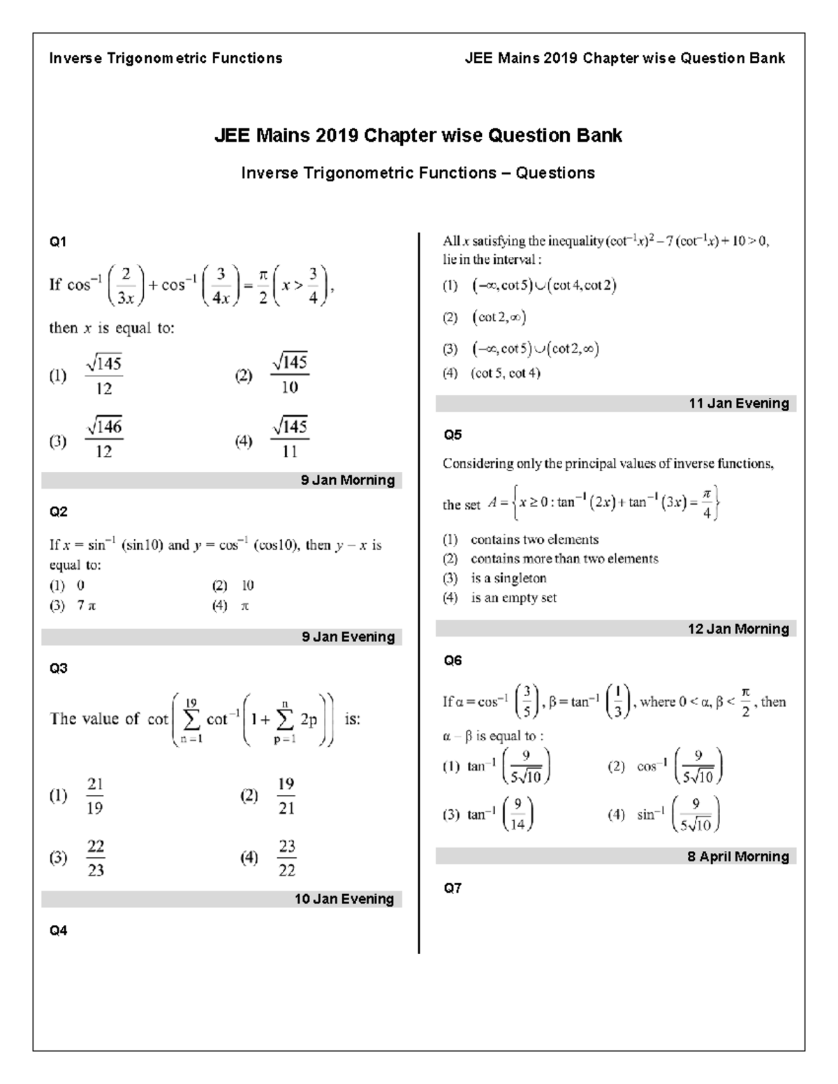 Previous Year Question Bank Inverse Trigonometric Functions - Inverse Trigonometric Functions ...