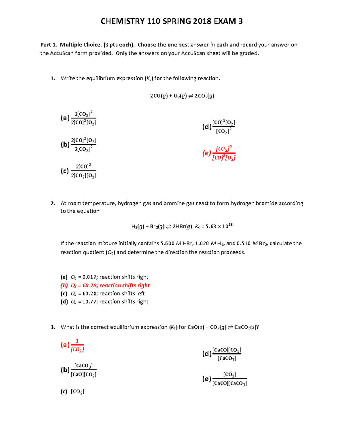 CHEM 110 SP 2018 Exam 3 KEY - Part 1. Multiple Choice. (3 pts each ...