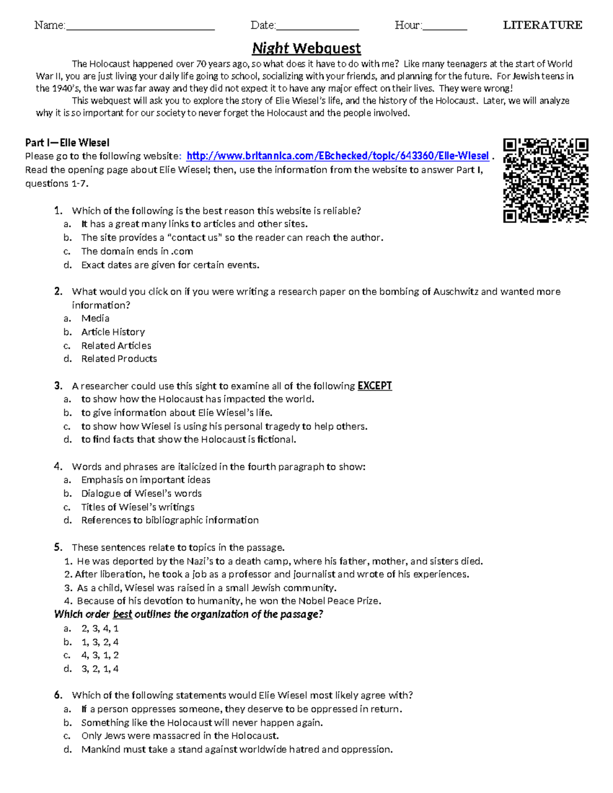 Webquest barcodes - Yip - Night Webquest The Holocaust happened over 70 ...