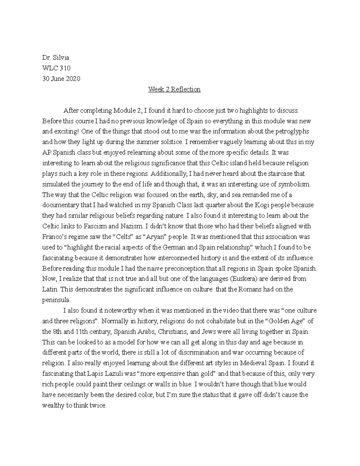 Week 2 reflection - Dr. Silvia WLC 310 30 June 2020 Week 2 Reflection ...