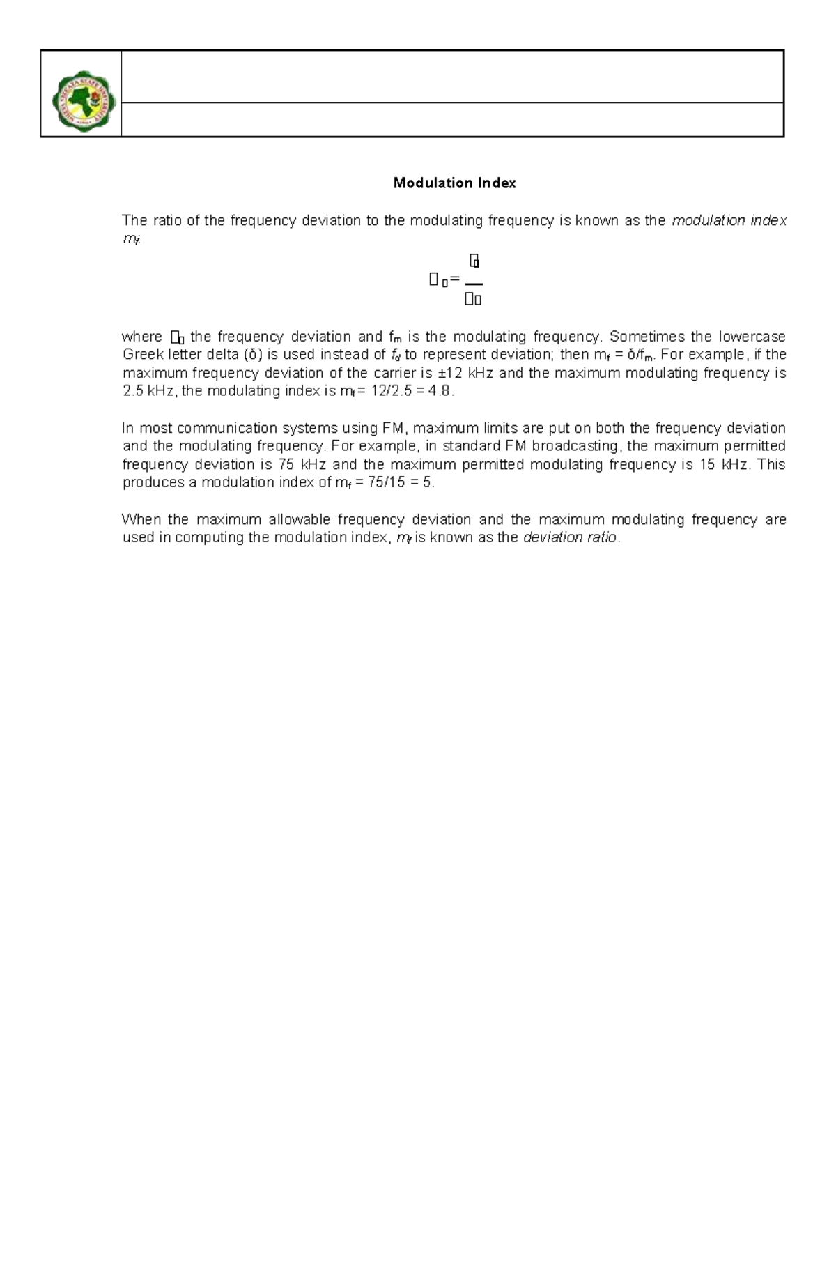 Modulation Index Modulation Index The Ratio Of The Frequency Deviation To The Modulating