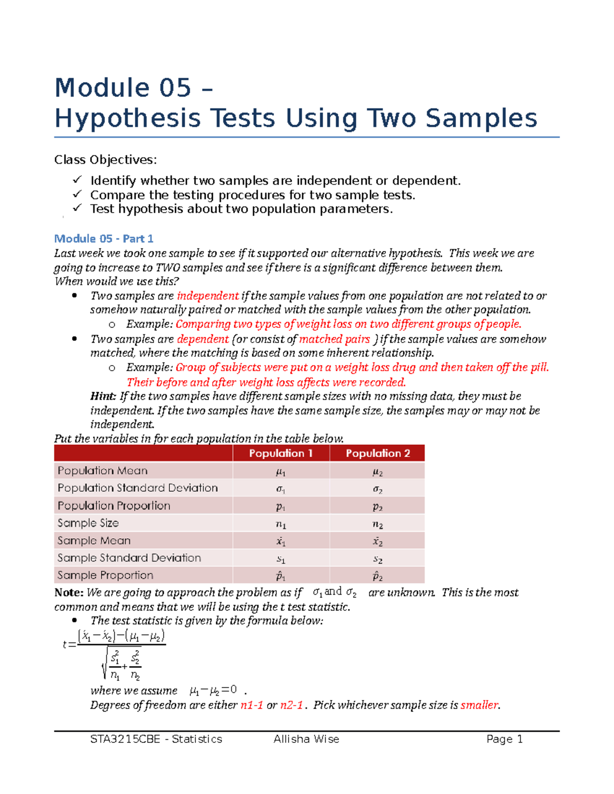 Module 05 Notes - Module 05 – Hypothesis Tests Using Two Samples Class ...