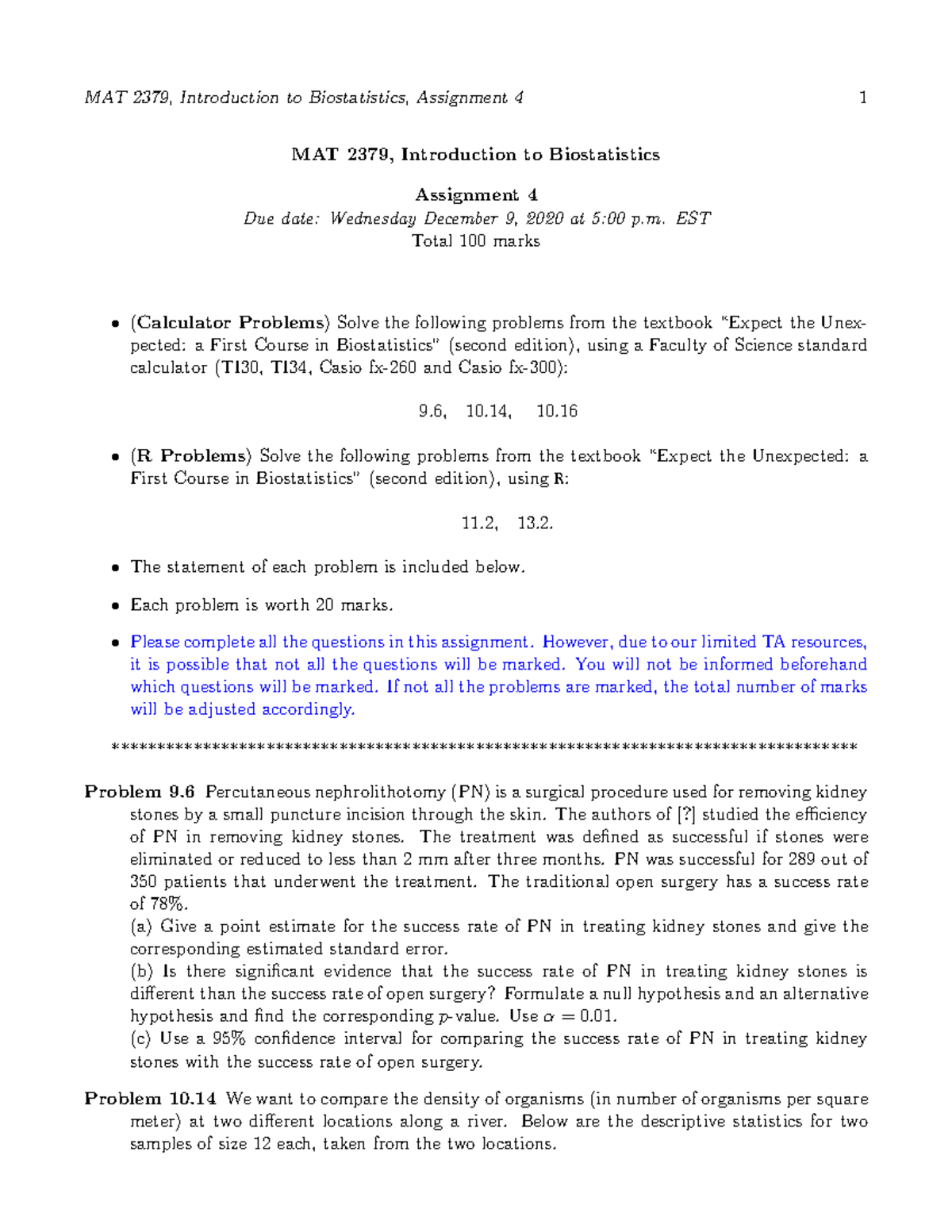 Assignment 4 question - MAT 2379, Introduction to Biostatistics, Assignment 4 1 MAT 2379, - Studocu