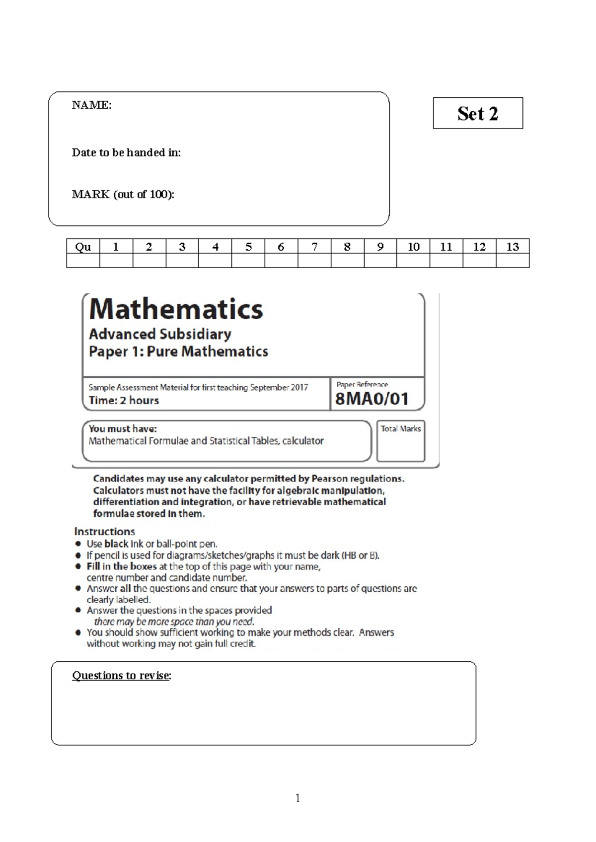 02 8MA0 01 AS Pure Mathematics Practice Set 2 - NAME: Date to be handed ...