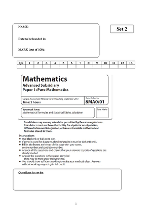 02 8MA0 01 AS Pure Mathematics Practice Set 2 Mark Scheme - Considers ...