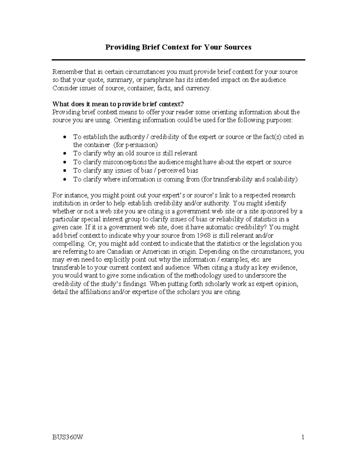 Brief context - write - BUS360W 1 Providing Brief Context for Your ...