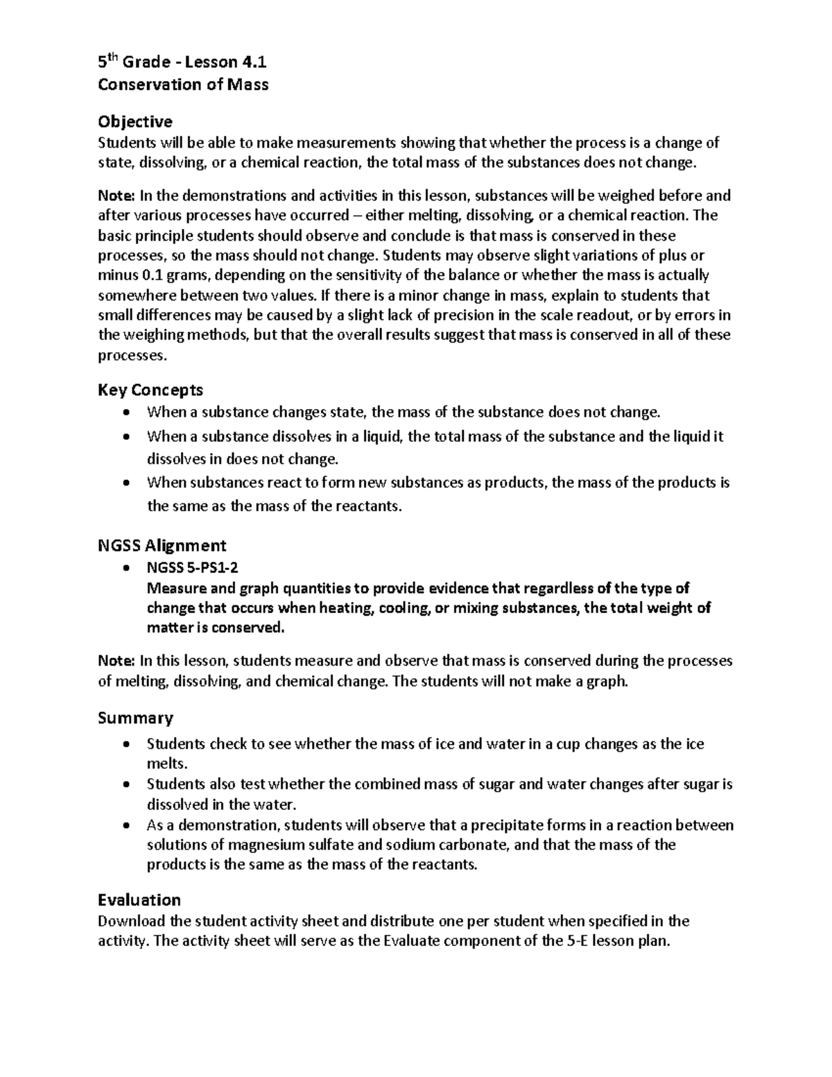 G5-l4 - RCE examination plan - 5 th Grade - Lesson 4. Conservation of ...