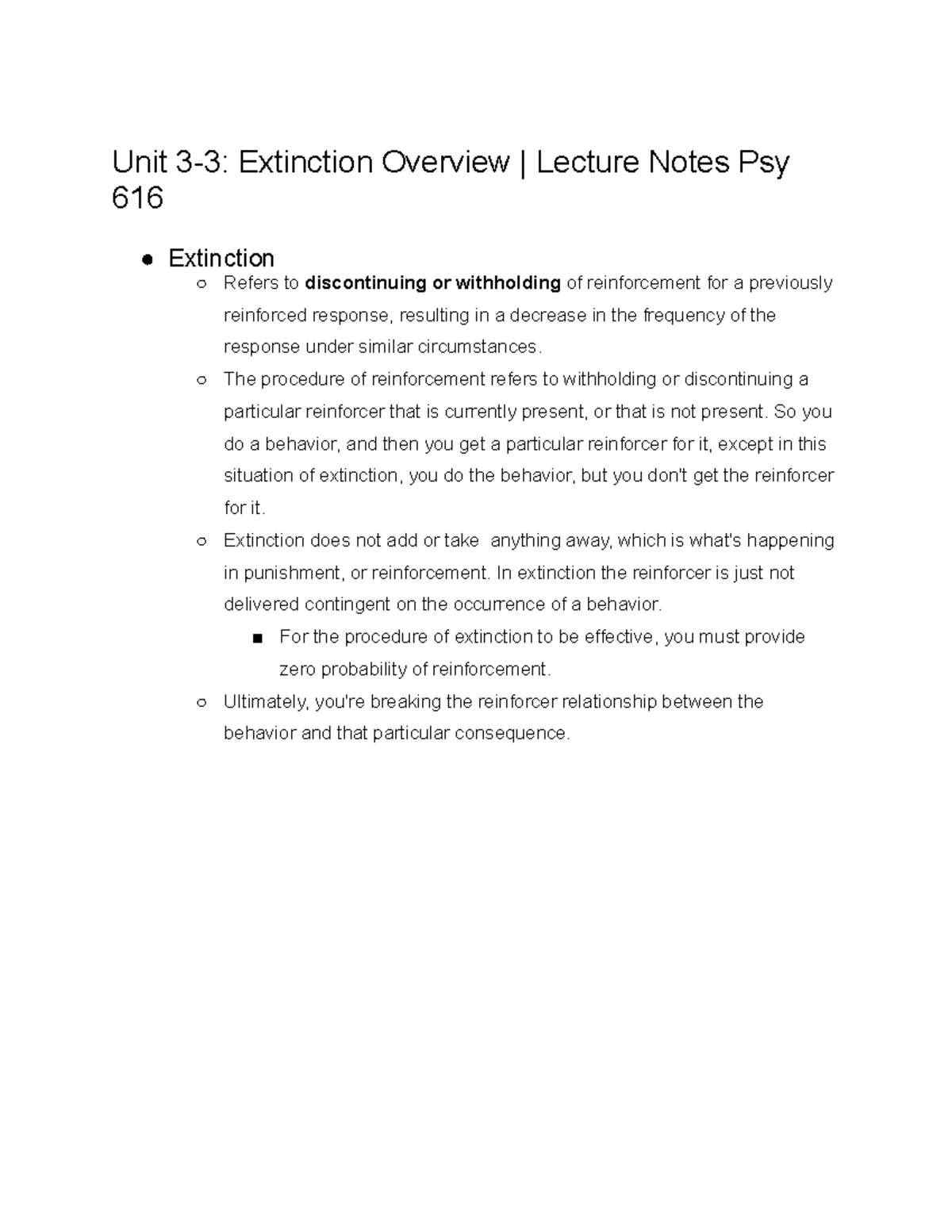 Unit 3-3 Extinction Overview Lecture Notes Psy 616 - Unit 3-3 ...