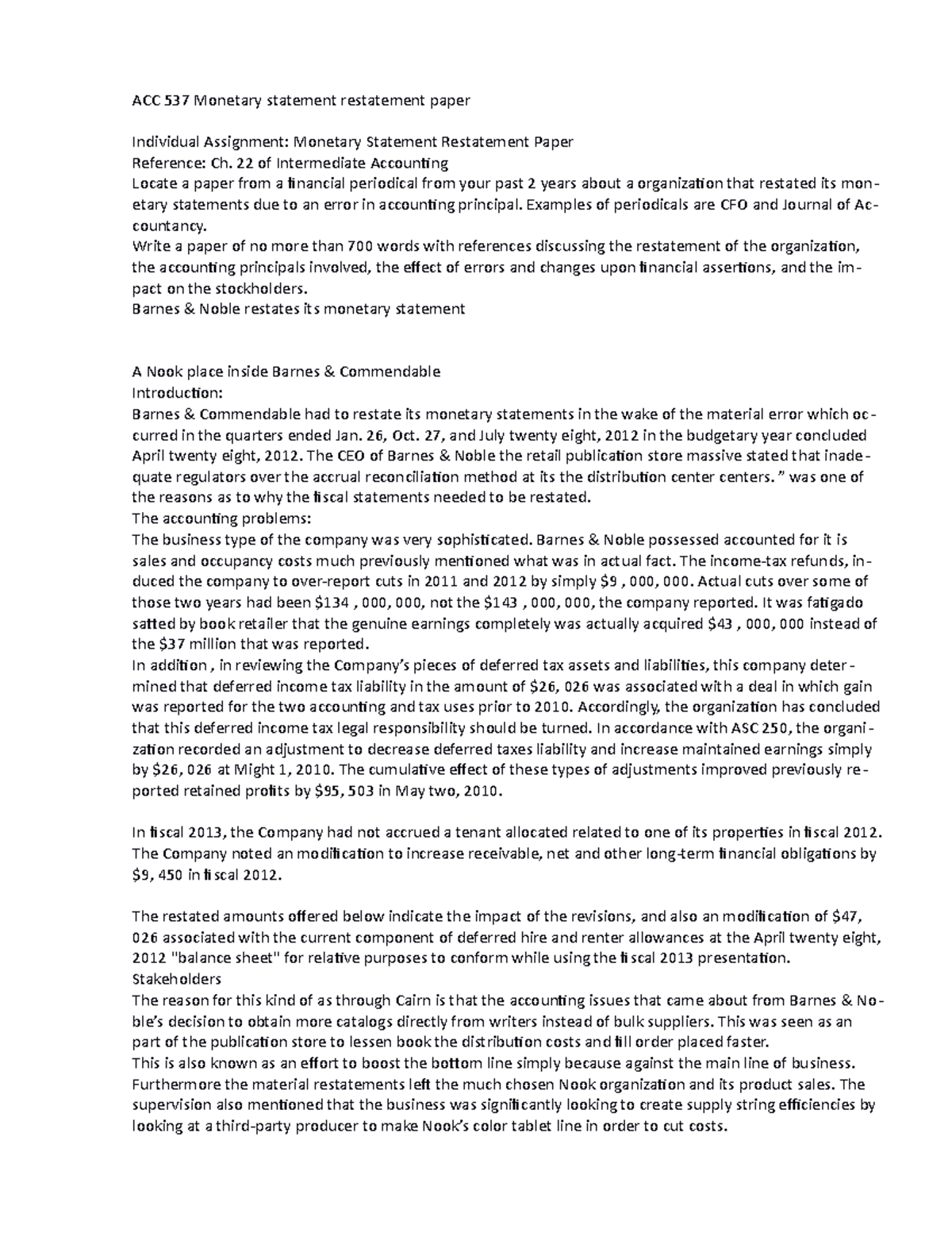 ACC 537 Financial statement restatement paper 1 - ACC 537 Monetary ...