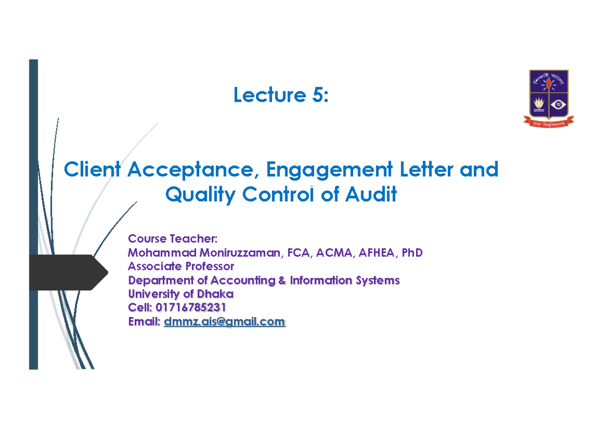 Lecture 5 Client Acceptance-Engagement Letter-Quality Control - Lecture ...