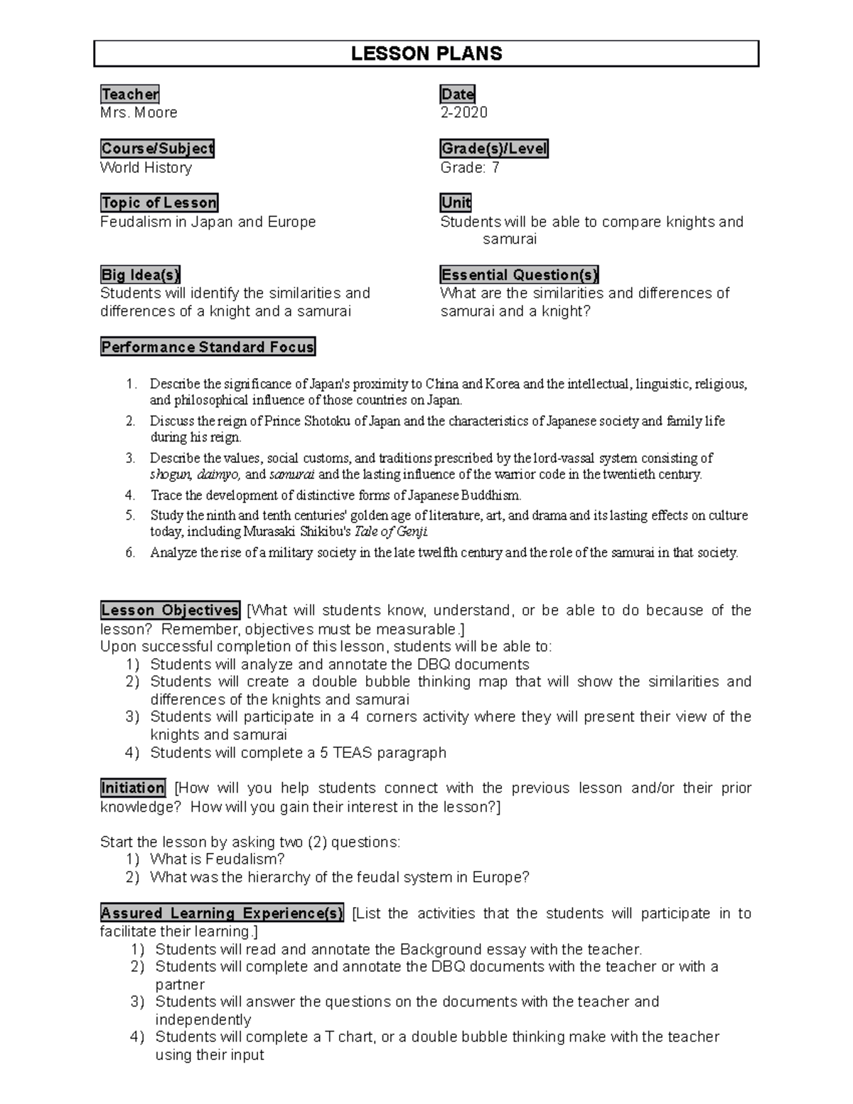 JYT2 TASK 2 Standards- Based Lesson PLAN - LESSON PLANS Teacher Mrs ...