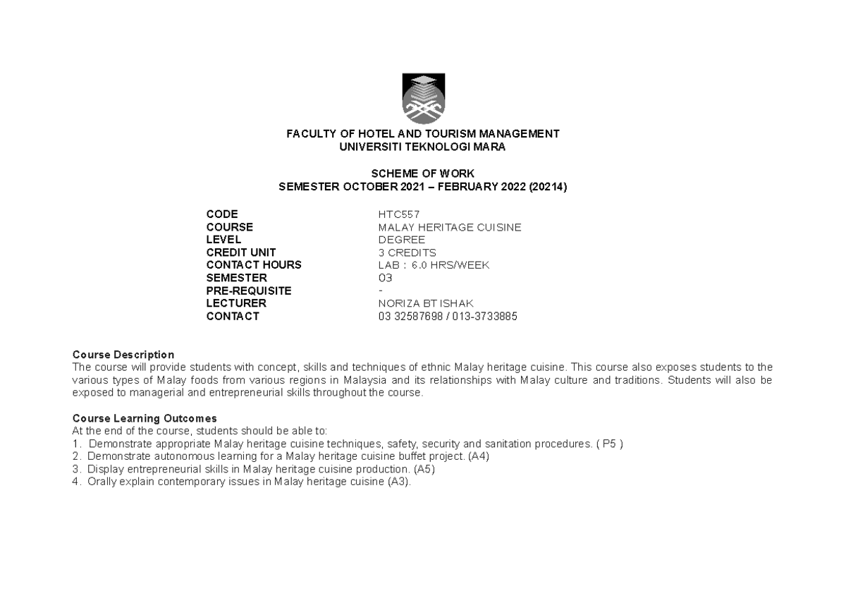 Scheme OF WORK HTC5557 - Theory - Culinary Arts Management - UiTM - Studocu