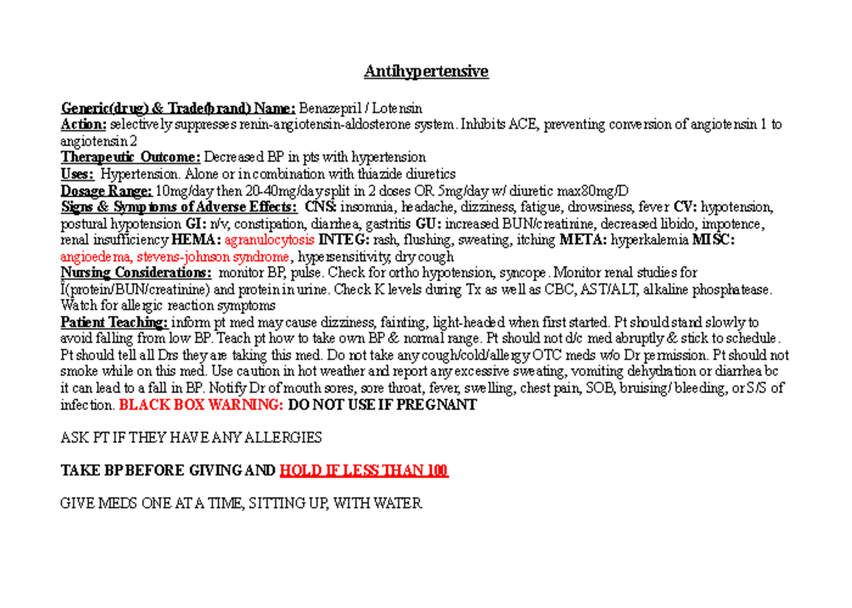 Lotensin drug info - Antihypertensive Generic(drug) & Trade(brand) Name ...