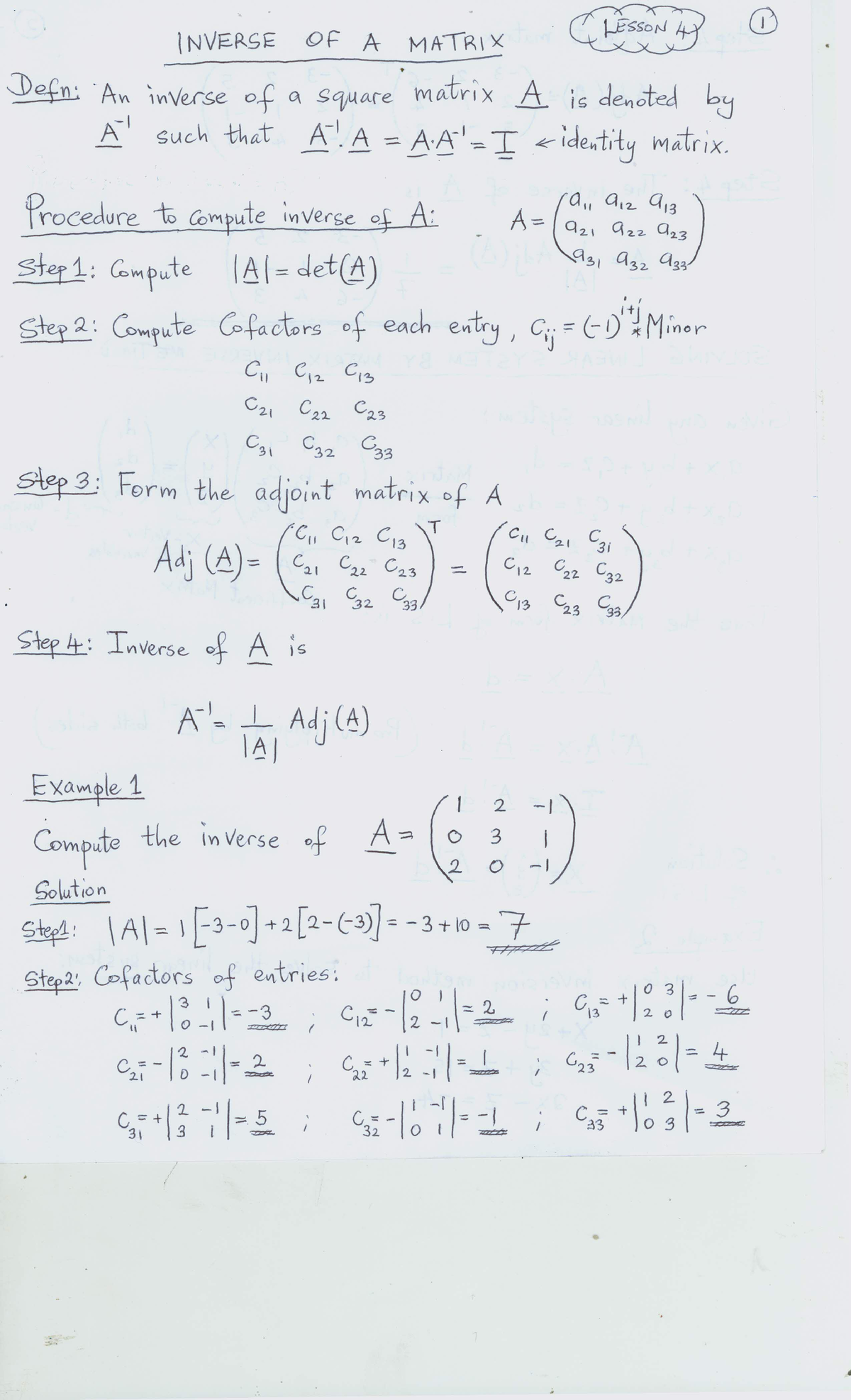 Lesson 4 Inverse of a Matrix - INVERSE OF A MATRIX LESSON 4.) I Defn: An inverse of a square ...