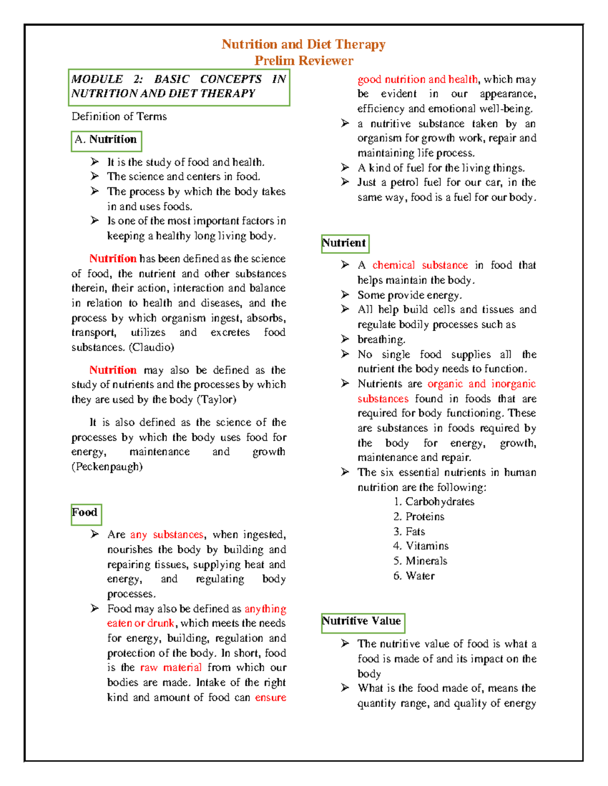Nutri Reviewer Prelim 2 - Prelim Reviewer MODULE 2: BASIC CONCEPTS IN ...