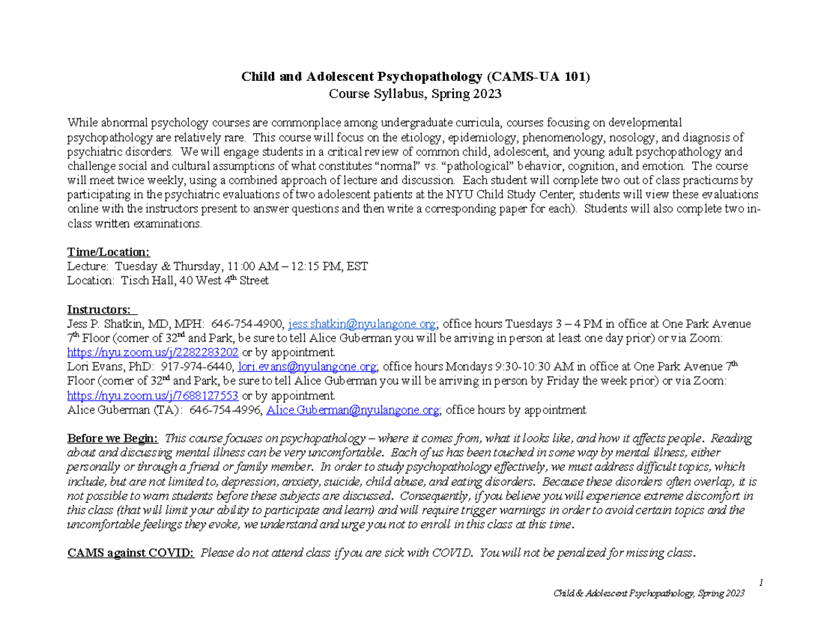 Cams101 syllabus - Child and Adolescent Psychopathology (CAMS-UA 101 ...