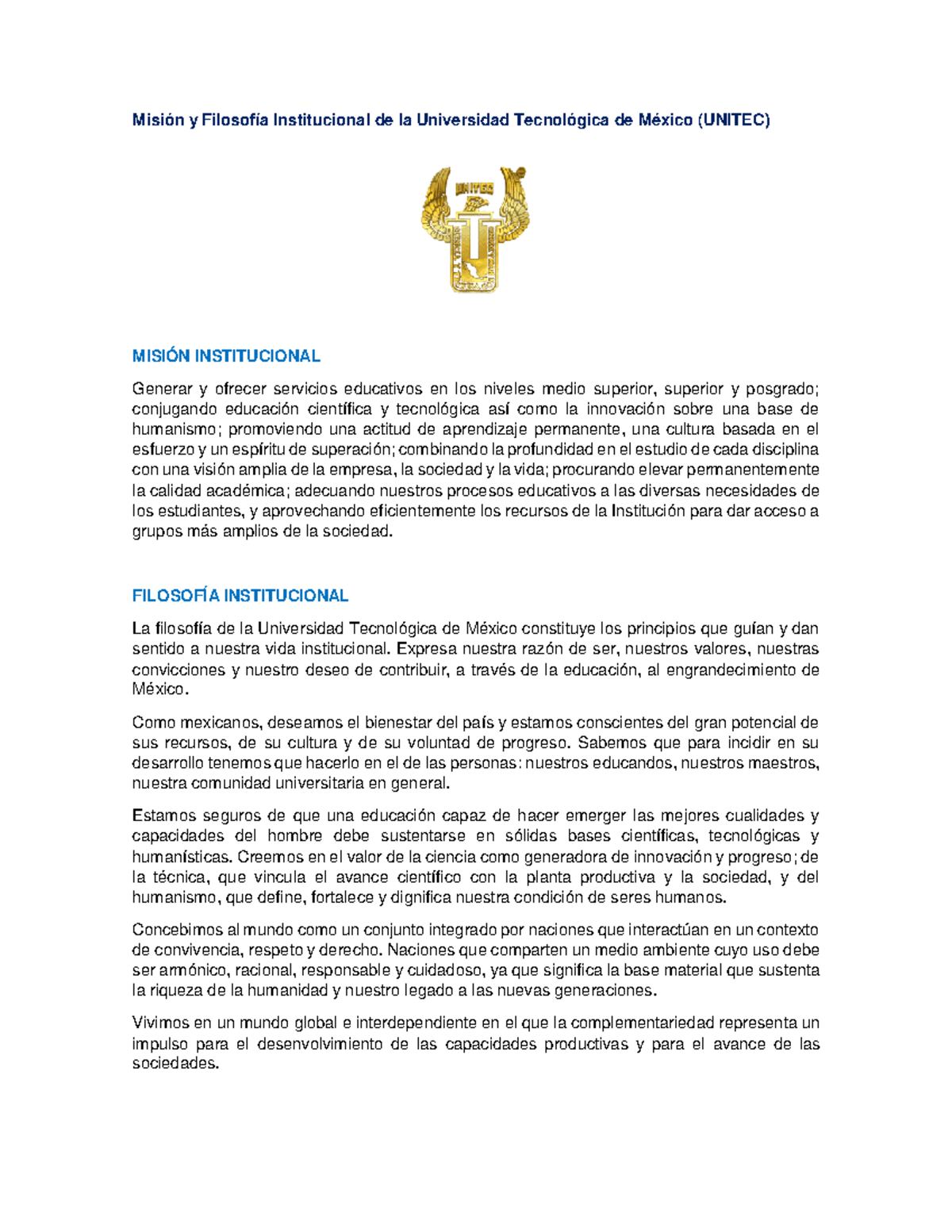 Misión Filosofía y Visión Institucional Unitec. RI-010721 - Misión y ...