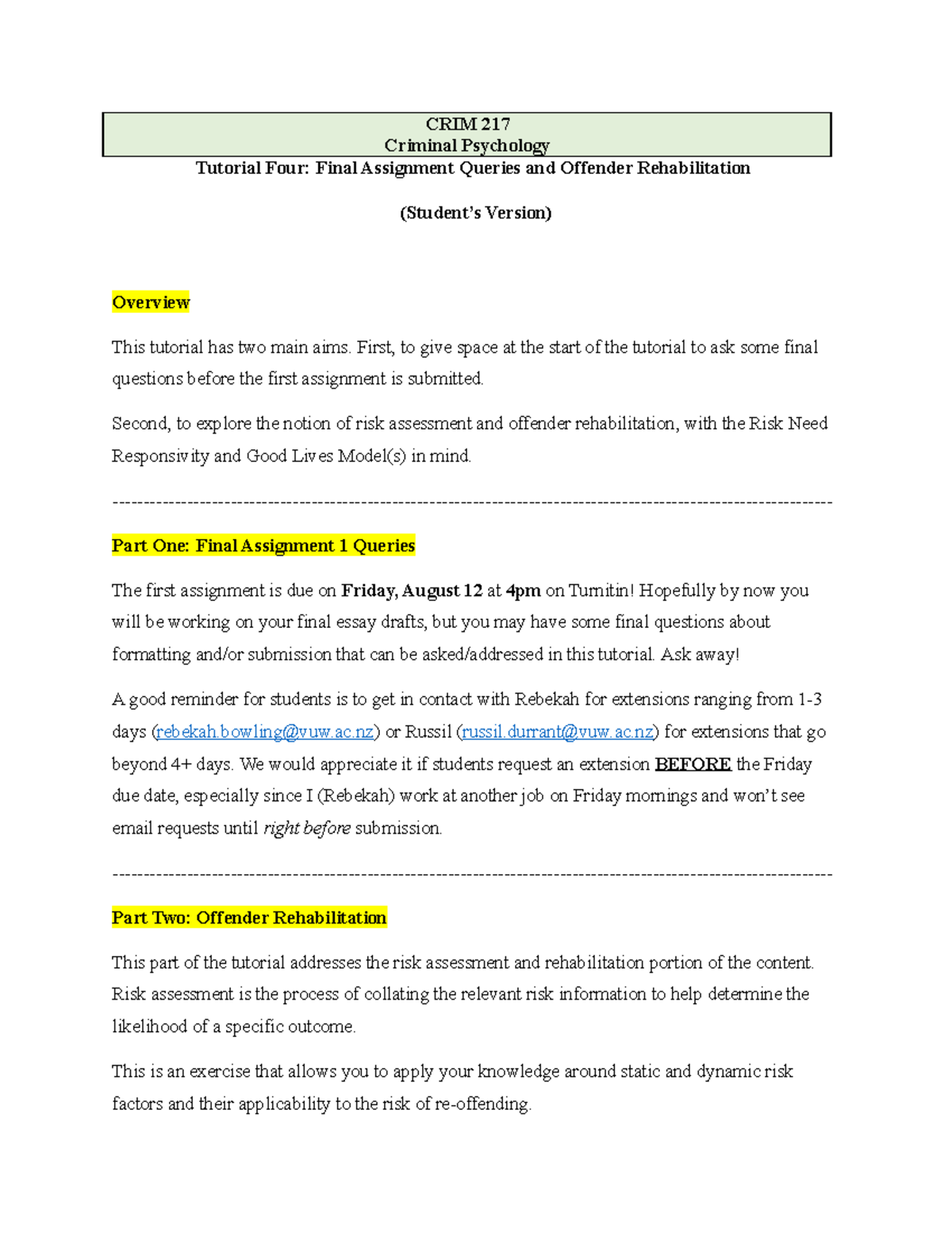CRIM217 Tutorial Four - Offender Rehabilitation - CRIM 217 Criminal ...