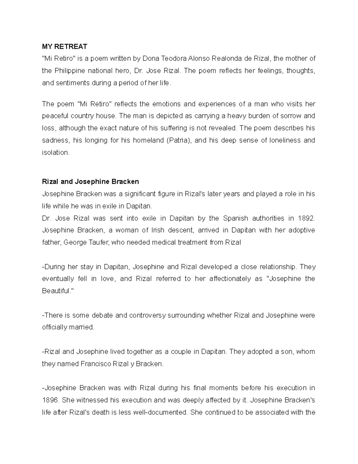 Rizal- Report- Rioveros-1 - MY RETREAT "Mi Retiro" is a poem written by ...