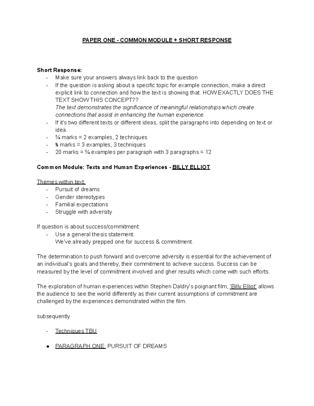 English Billy Elliot notes - PAPER ONE - COMMON MODULE + SHORT RESPONSE ...