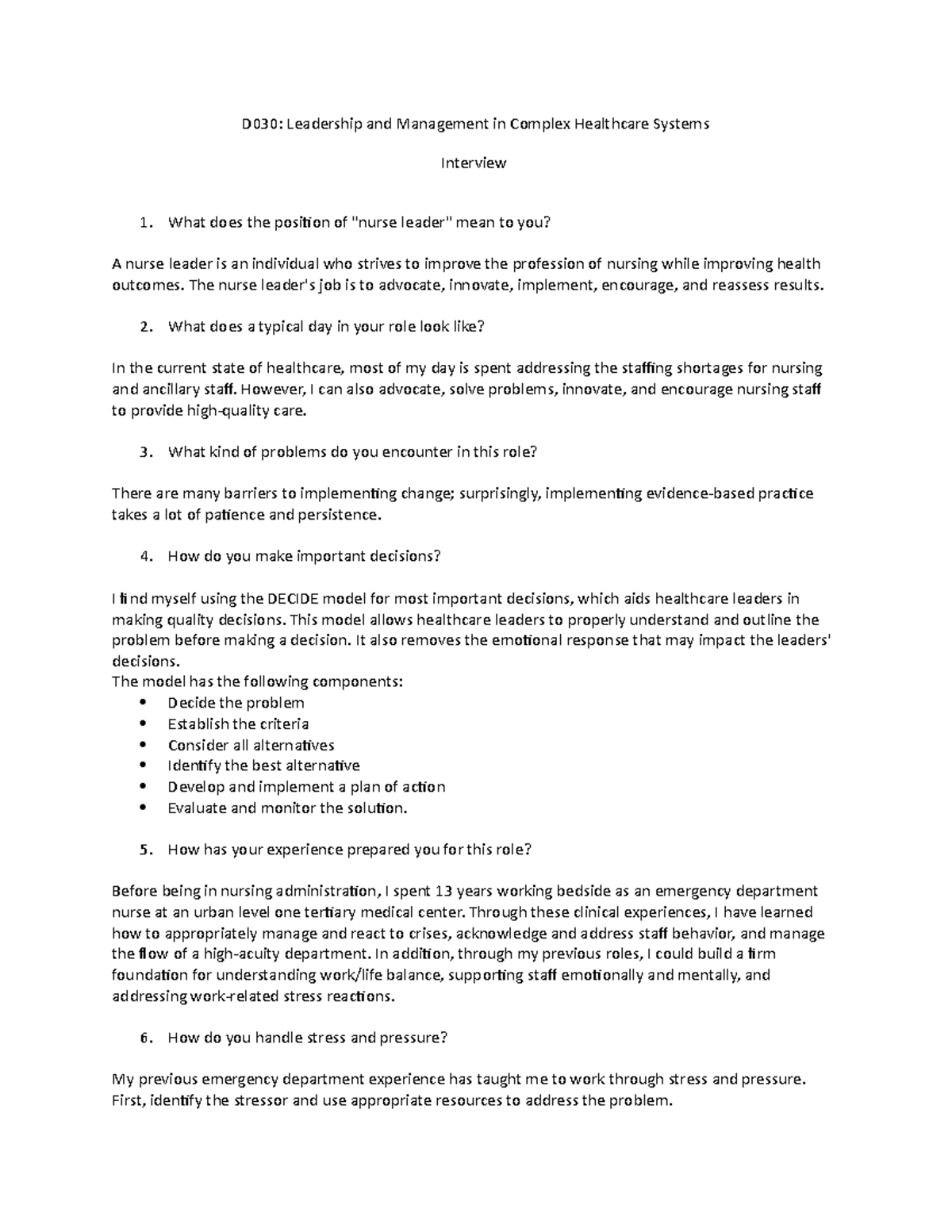 D030 interview - N/A - D030: Leadership and Management in Complex ...