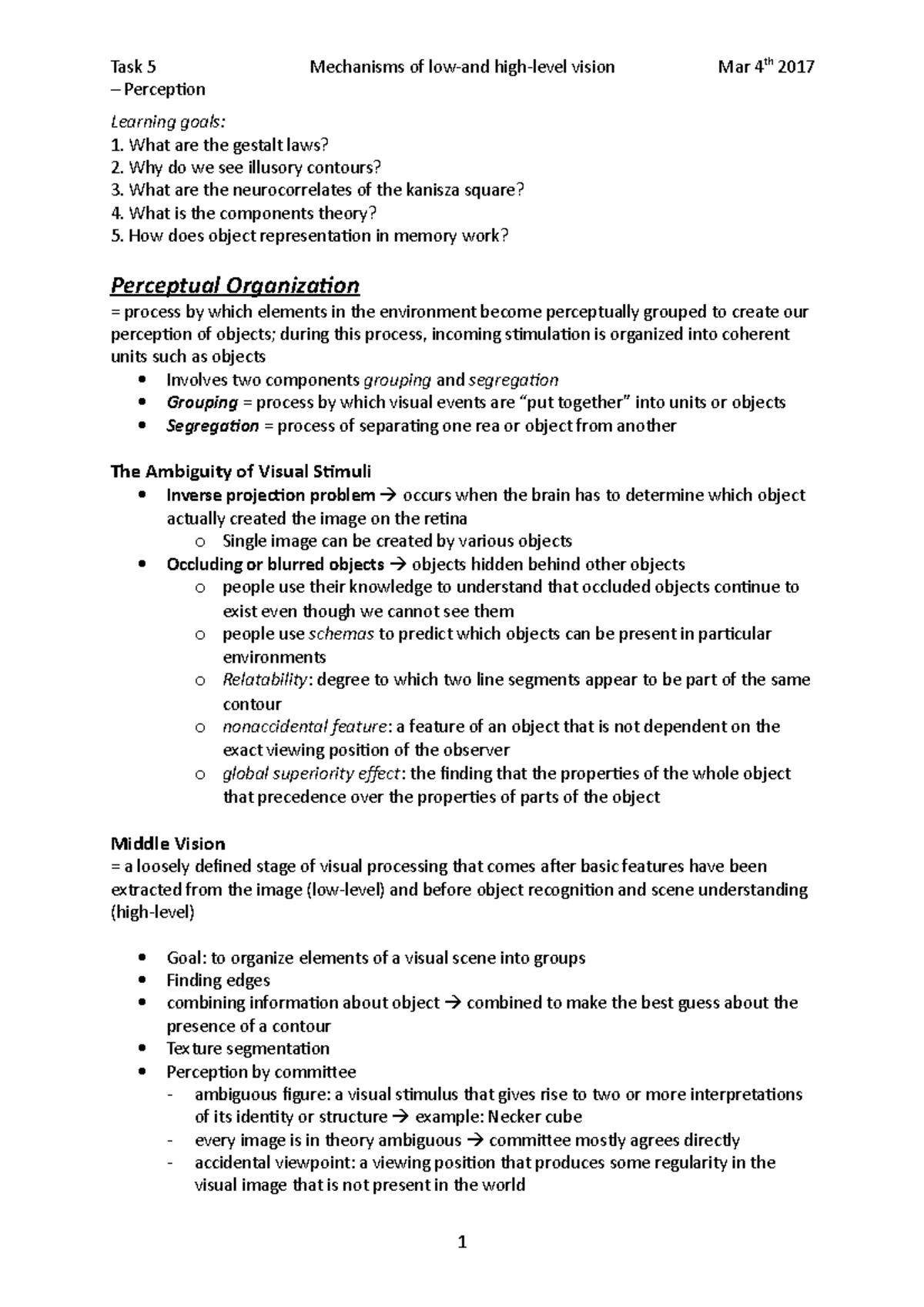 Task 5 - High and low level vision - Perception Learning goals: What ...