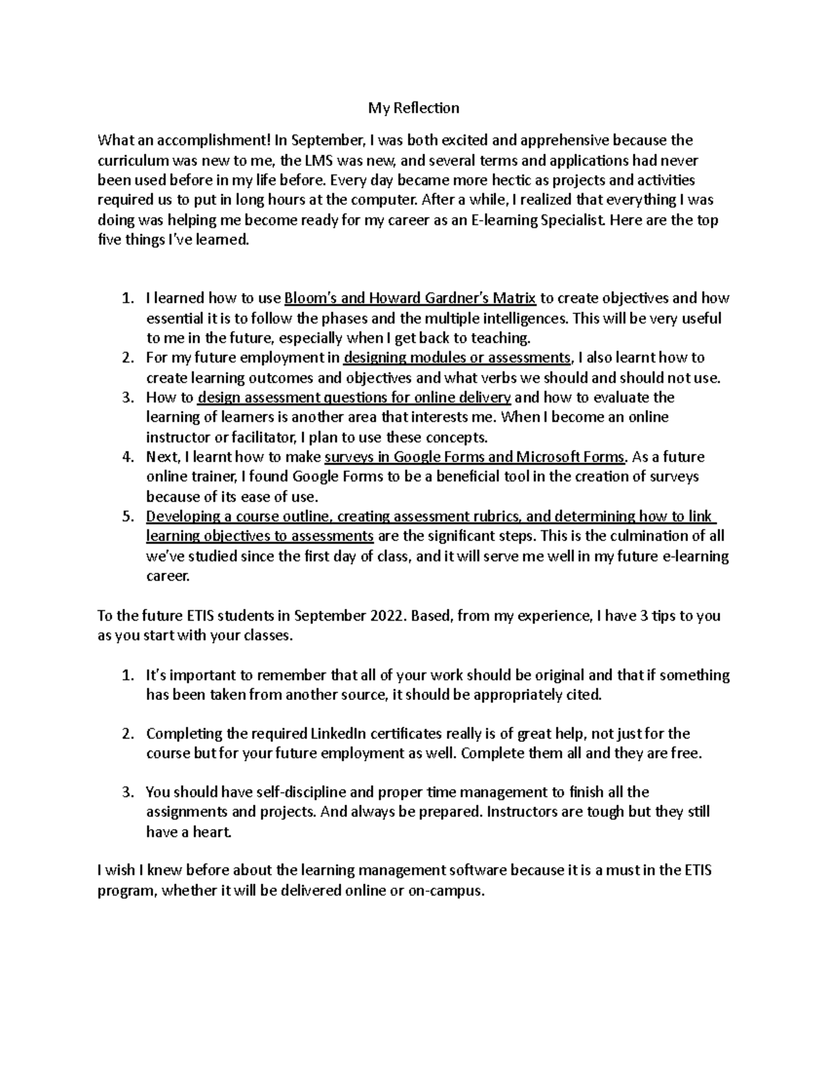 My Reflection - My Reflection What an accomplishment! In September, I ...