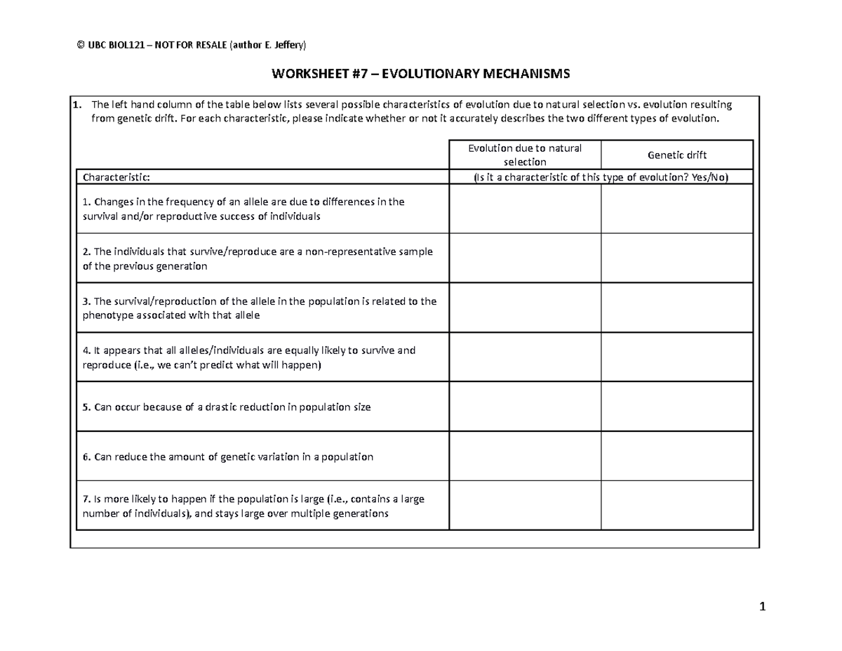 Worksheet #7 - Evolutionary Mechanisms - Natural Selection and Genetic ...