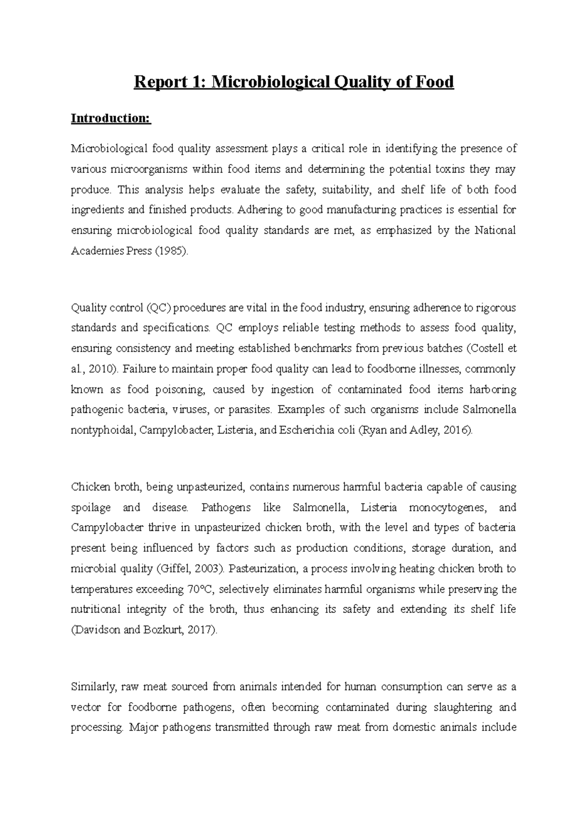 Bth2830 lab report - got an A* - Report 1: Microbiological Quality of ...