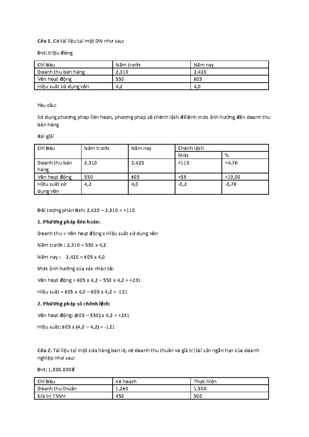 C1 - Đáp án - bài tập - Câu 1. Có tài li u t i m t DN nhệ ạ ộ ưsau: Đvt ...