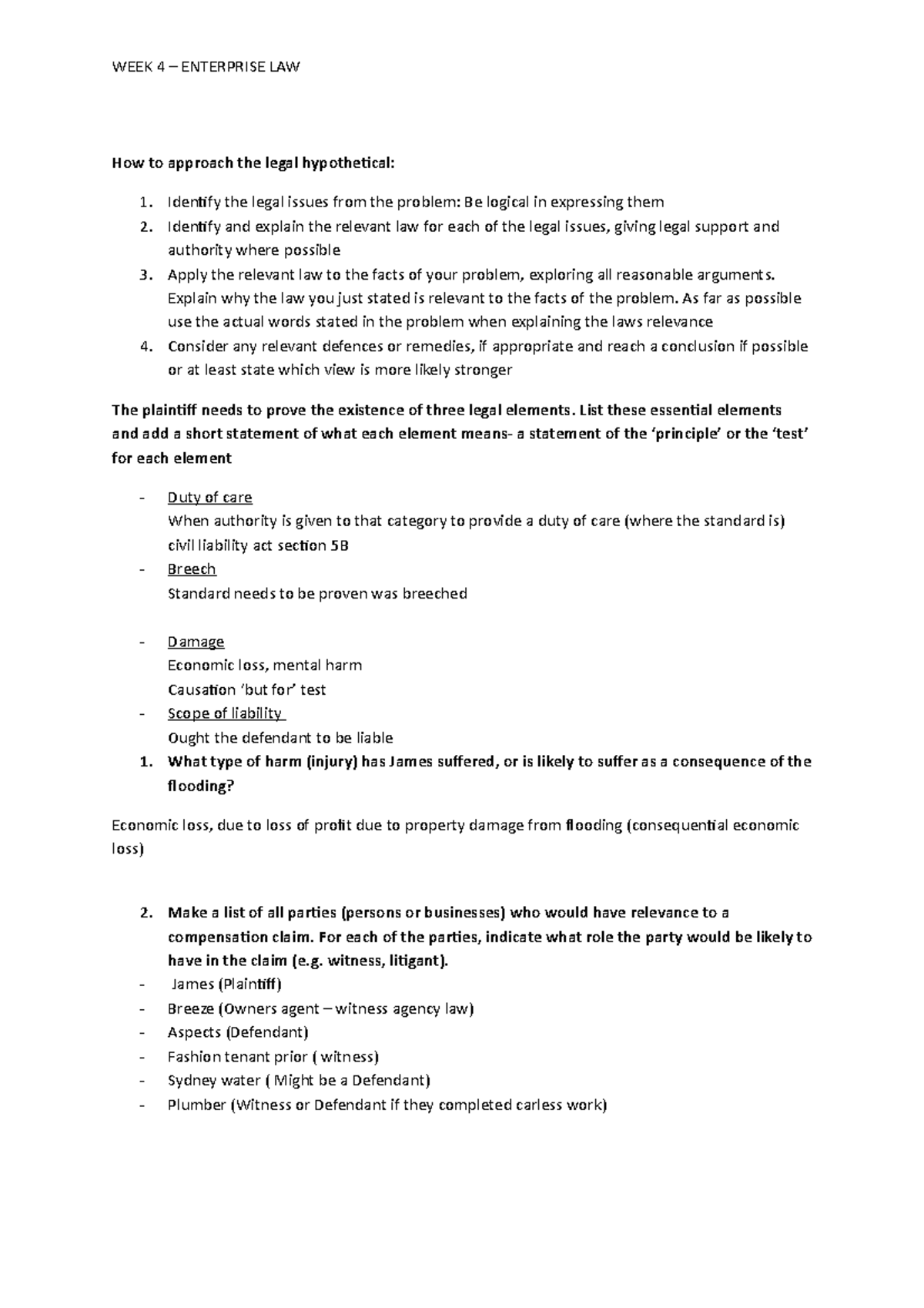 Tutorial 4- Questions - WEEK 4 – ENTERPRISE LAW How to approach the ...