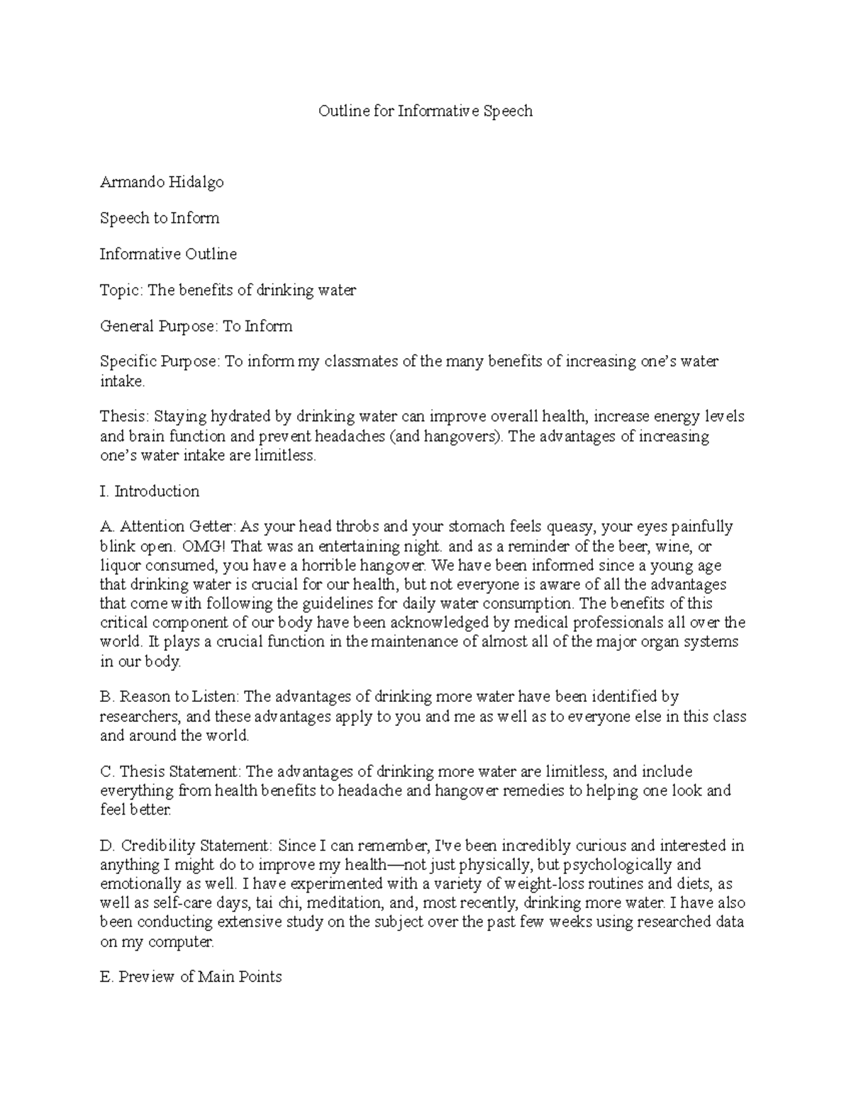 Outline Informative Speech - Outline for Informative Speech Armando ...