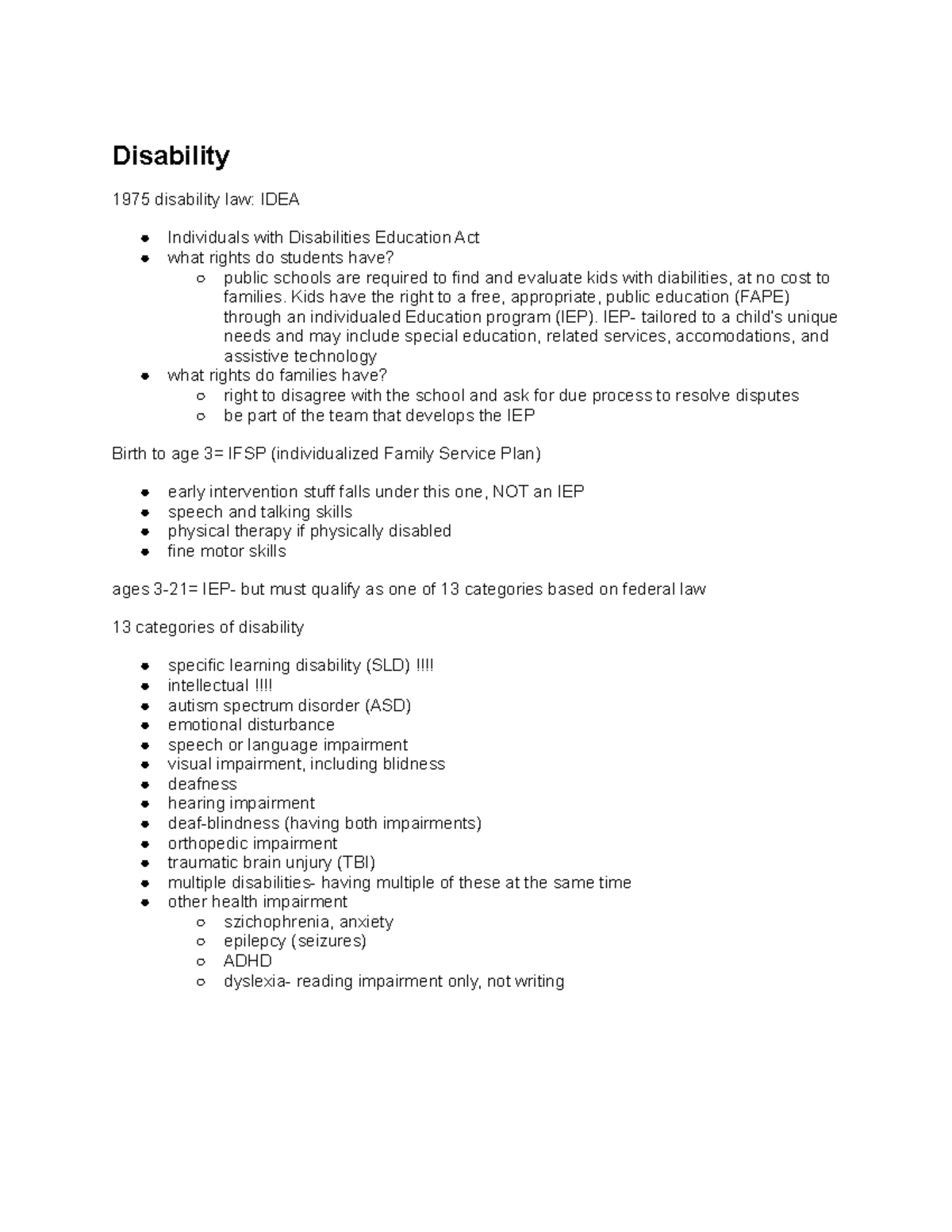 Disability - In class notes - Disability 1975 disability law: IDEA ...