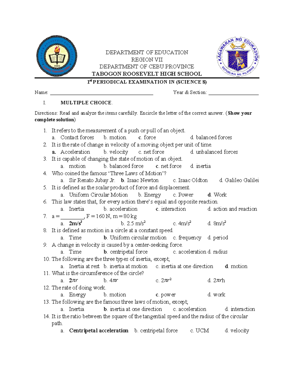 TQ Quarter 2 Grade 8 Science - DEPARTMENT OF EDUCATION REGION VII ...