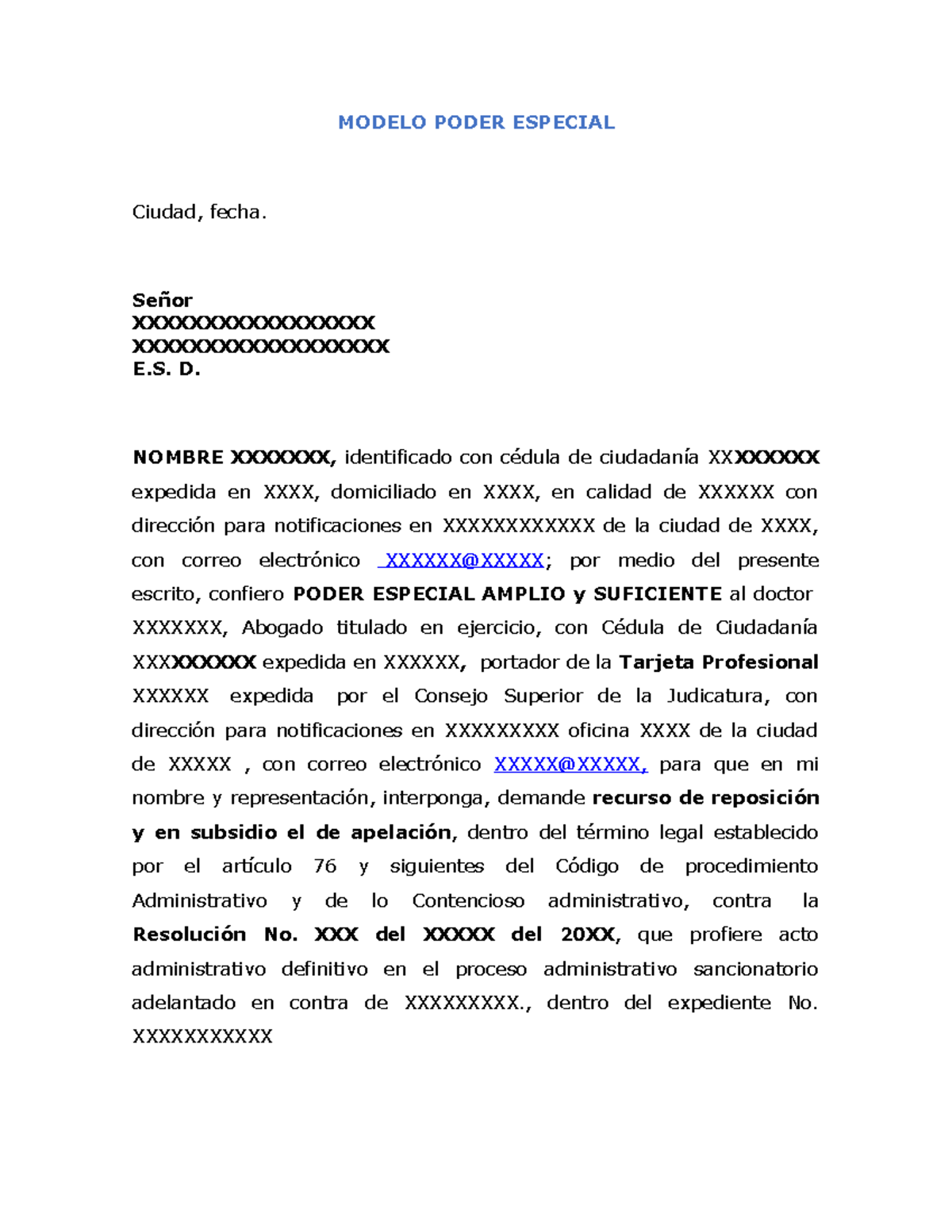 Modelo- Poder- Especial - MODELO PODER ESPECIAL Ciudad, fecha. Señor XXXXXXXXXXXXXXXXX - Studocu