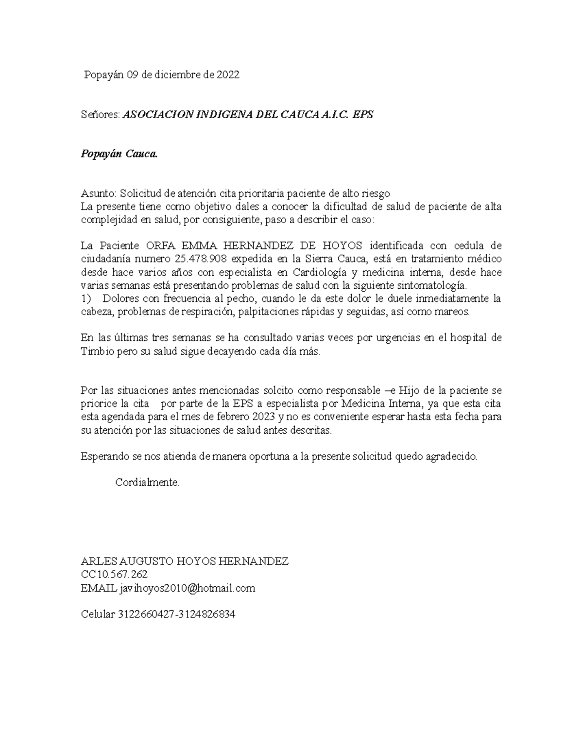 Carata AIC - libro - Popayán 09 de diciembre de 2022 Señores ...