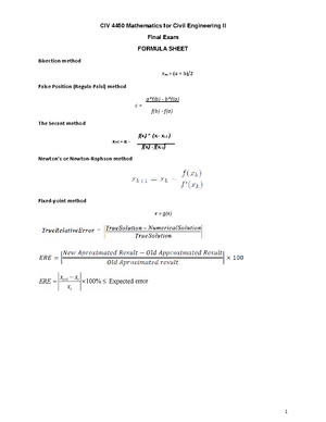 Formula Sheet - Summary Mathematics for Civil Engi - 𝐶 𝐿 = ( 𝑙 − 𝑙′ 𝑙 ...