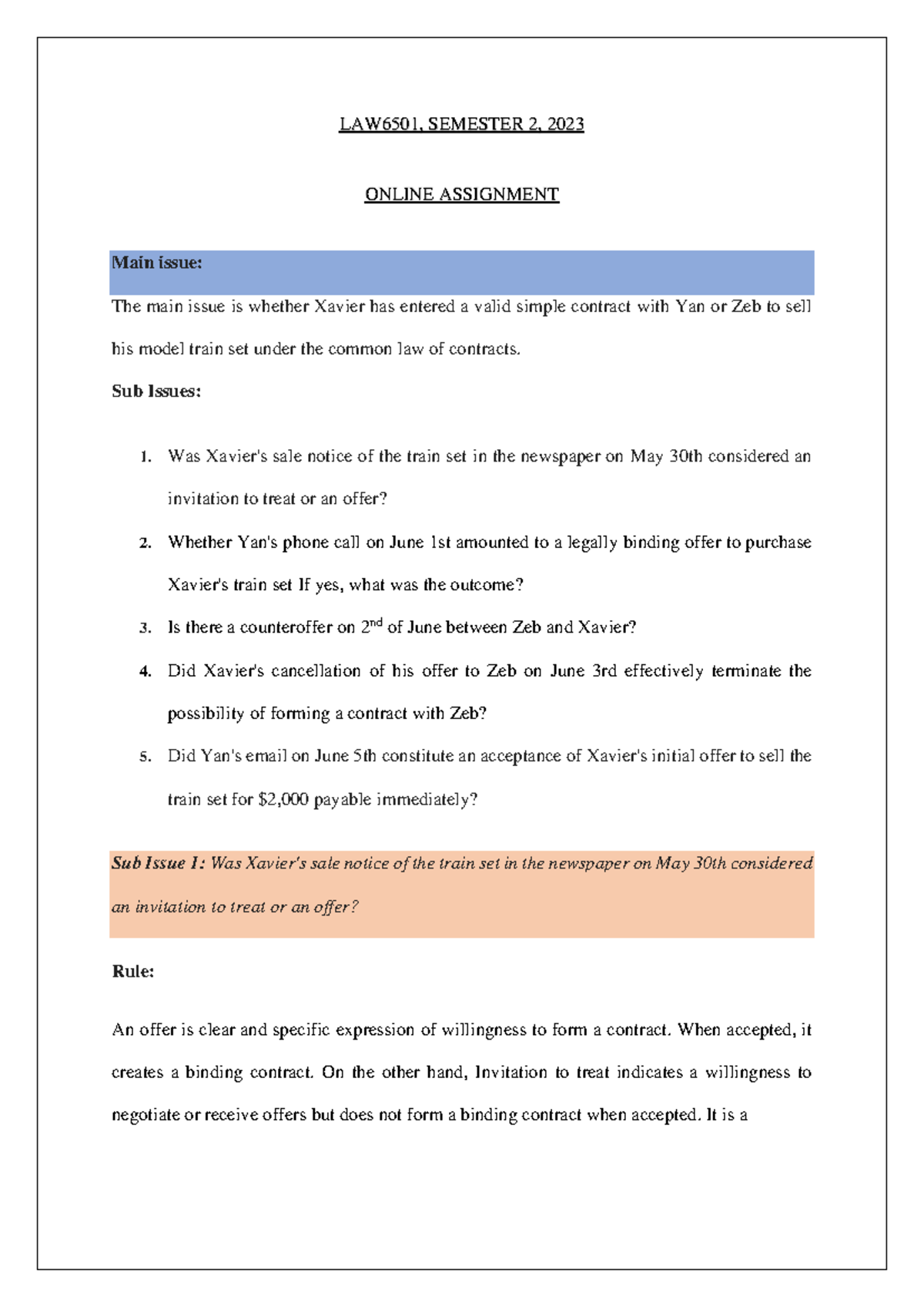 LAW6501 Online Assignment Exemplar - LAW6501, SEMESTER 2, 2023 ONLINE ASSIGNMENT Main issue: The ...