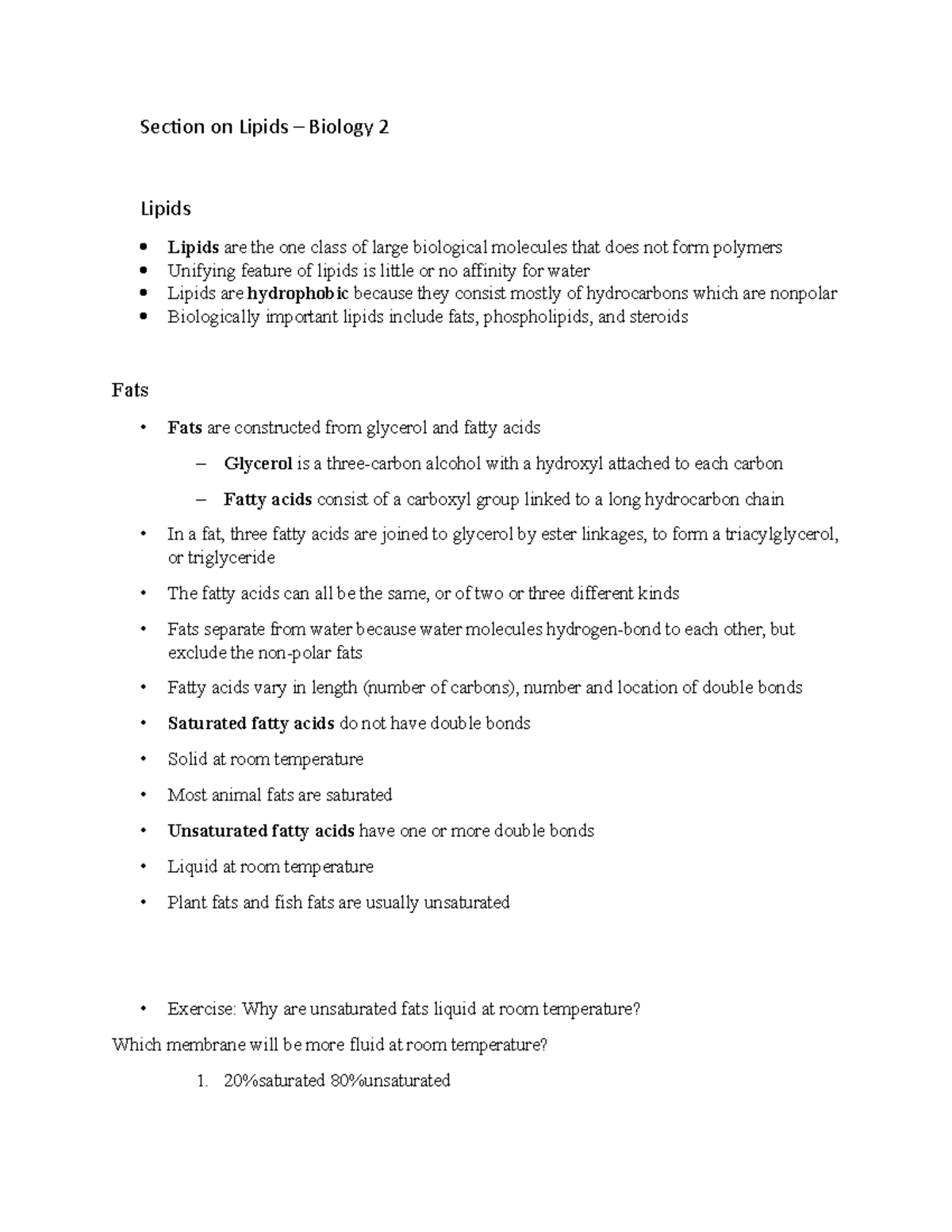 Summary Lipids - Section on Lipids – Biology 2 Lipids Lipids are the ...
