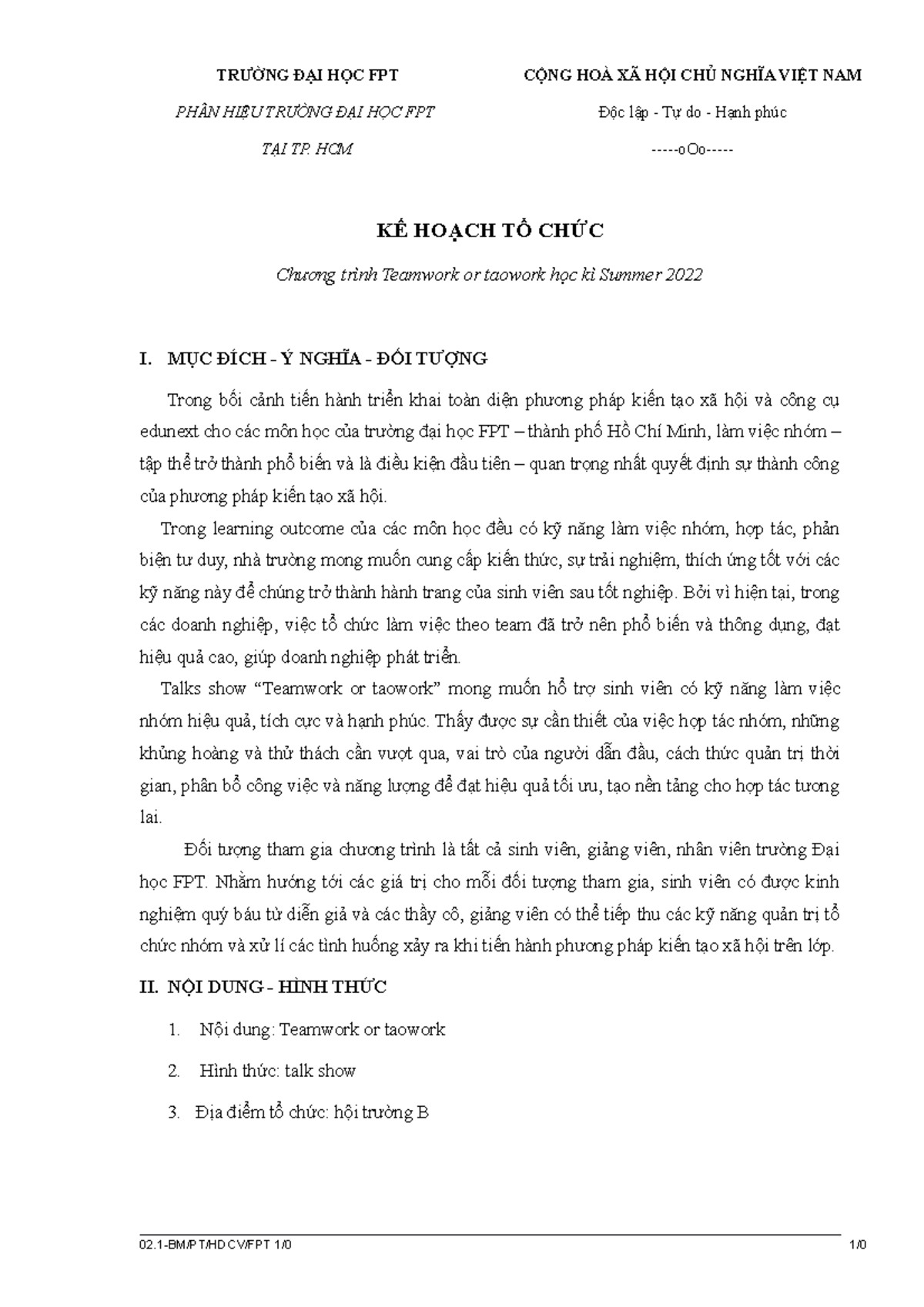 SU22 Teamwork or taowork - TRƯỜNG ĐẠI HỌC FPT PHÂN HIỆU TRƯỜNG ĐẠI HỌC ...